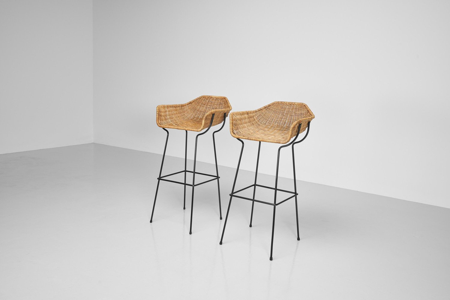 Set of Metal and Wicker Bucket Stools, 1950 for sale at Pamono