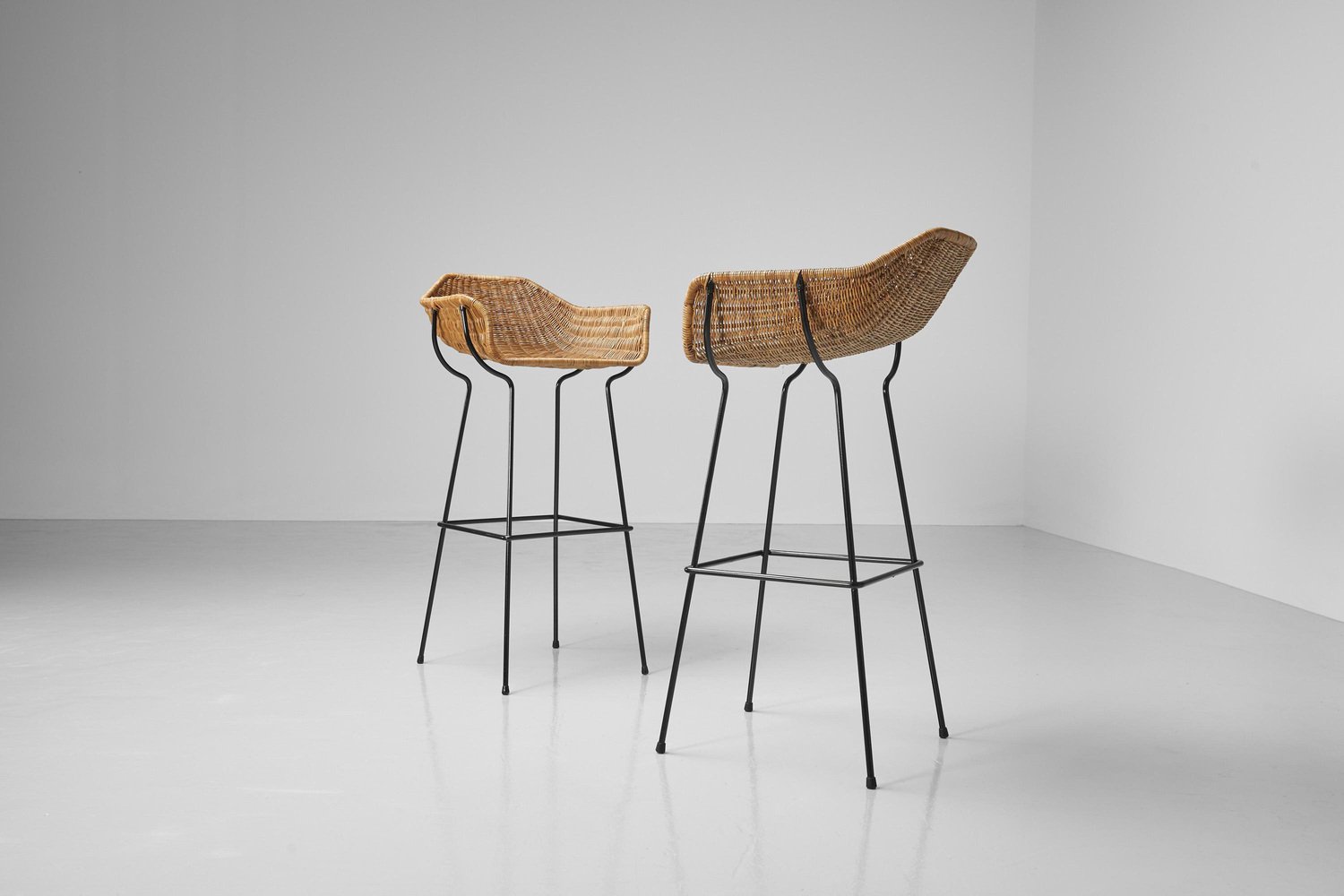 Metal and Wicker Bucket Stools, 1950, Set of 2 for sale at Pamono