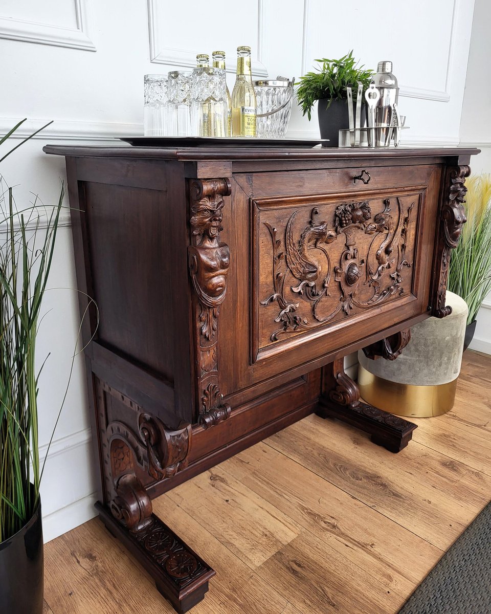 Mid-Century Italian Renaissance Art Deco Carved Walnut Burl Dry Bar ...