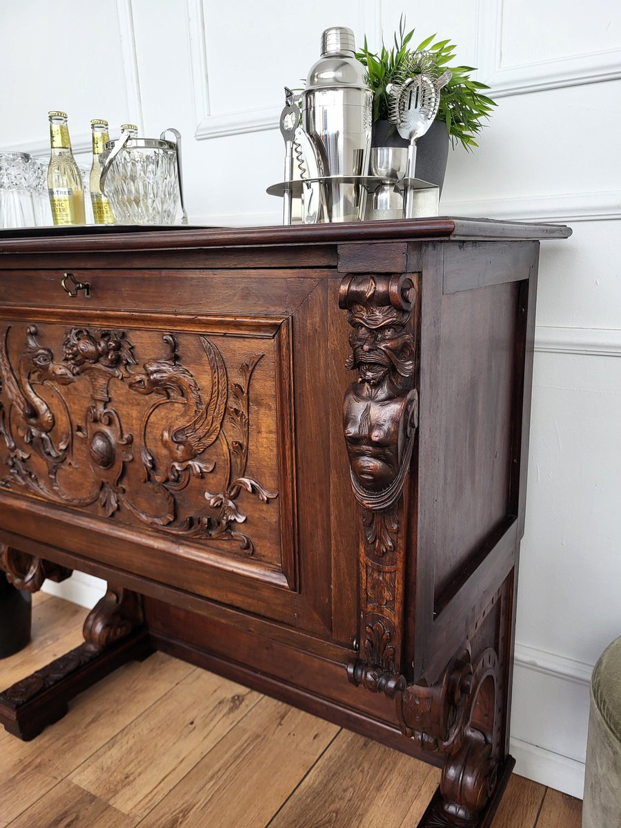 Mid-Century Italian Renaissance Art Deco Carved Walnut Burl Dry Bar ...