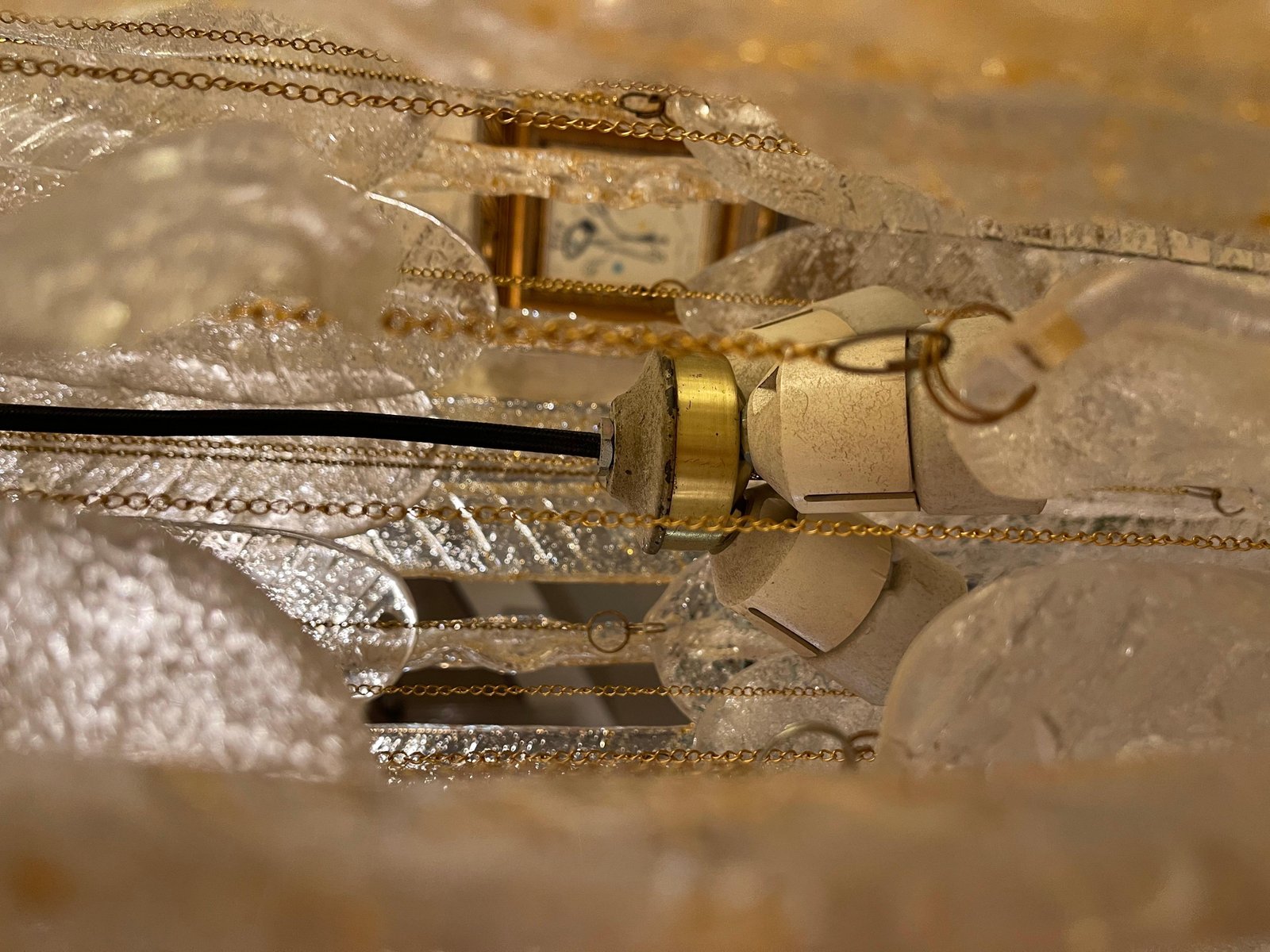 Glass Murano Gold Ice Frost Leaves Brass Structure Pendant from Mazzega ...