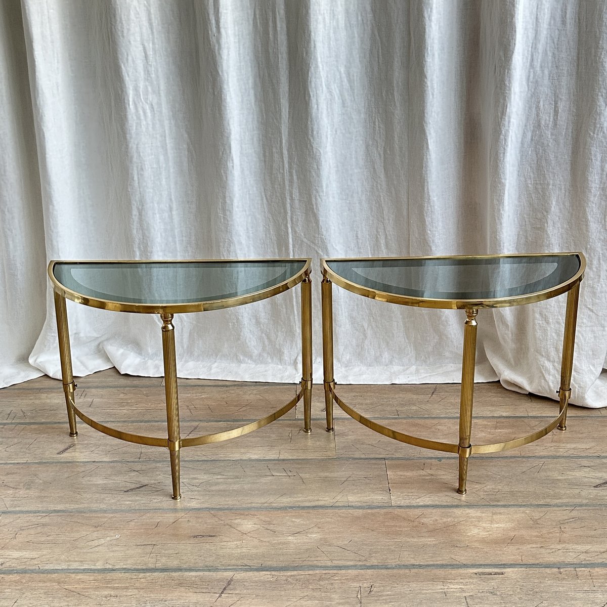 Mid-Century Semicircular Brass and Smoked Glass Side Tables, 1970s, Set ...