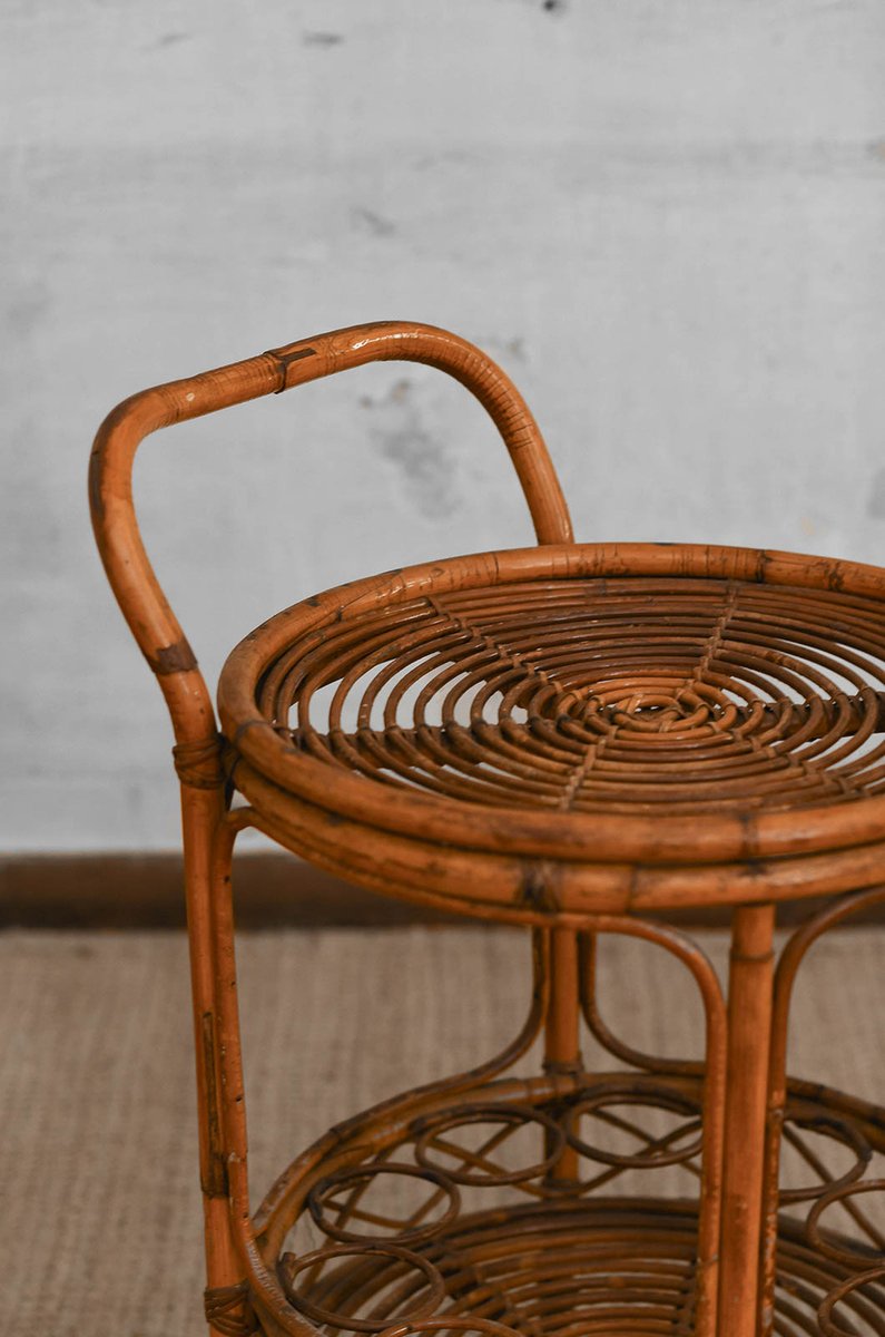 Bamboo Cane Cart and Circular Side Table, 1960s, Set of 2 for sale at ...
