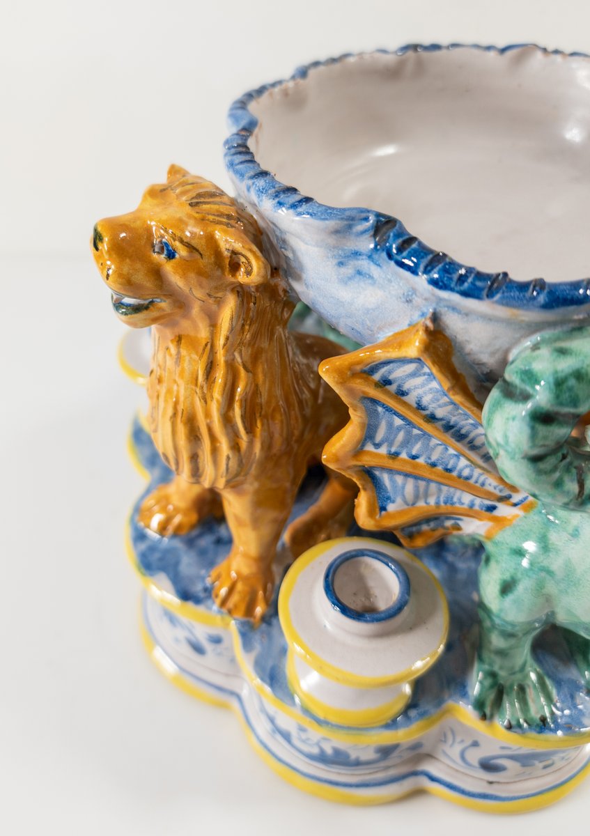 Mid-Century Italian Faience Majolica Centerpiece with Lions and Dragons ...