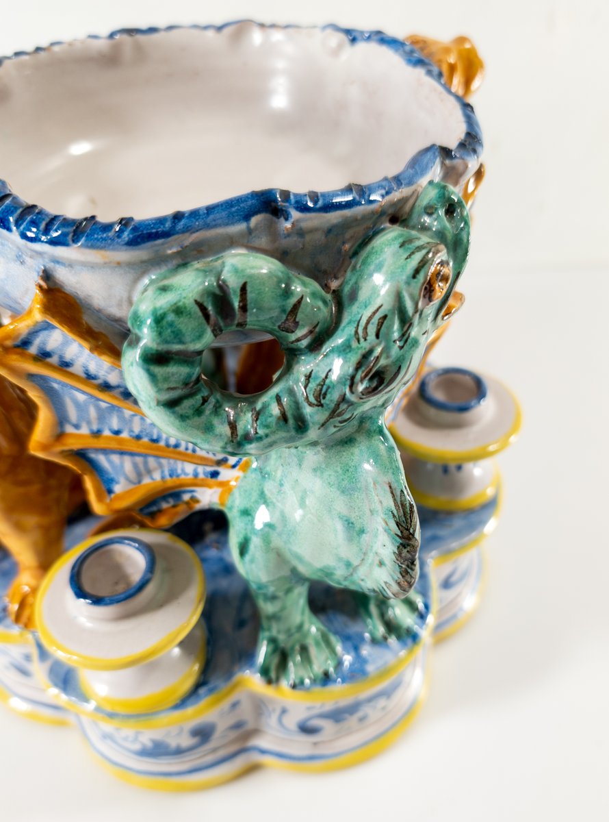 Mid-Century Italian Faience Majolica Centerpiece with Lions and Dragons ...