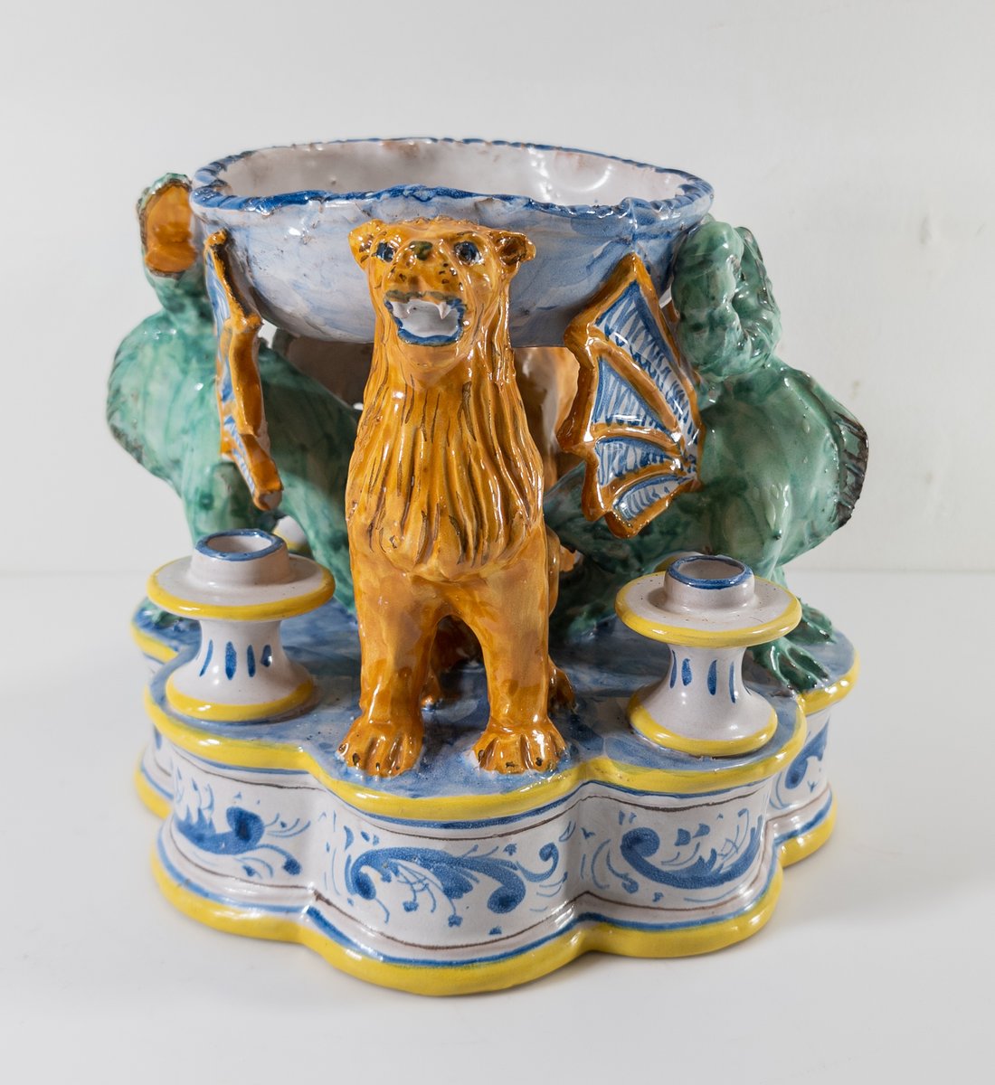 Mid-Century Italian Faience Majolica Centerpiece with Lions and Dragons ...