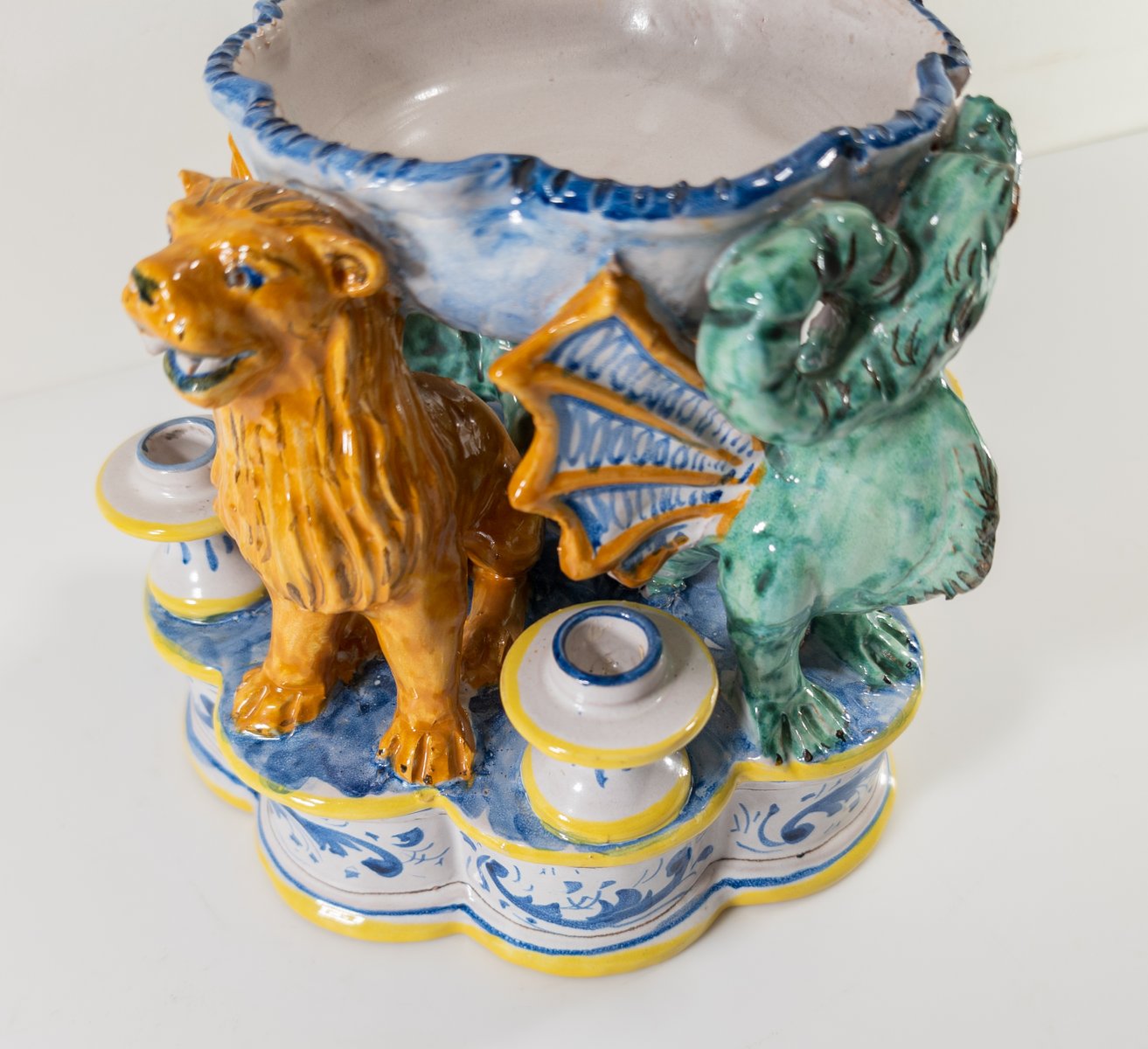 Mid-Century Italian Faience Majolica Centerpiece with Lions and Dragons ...