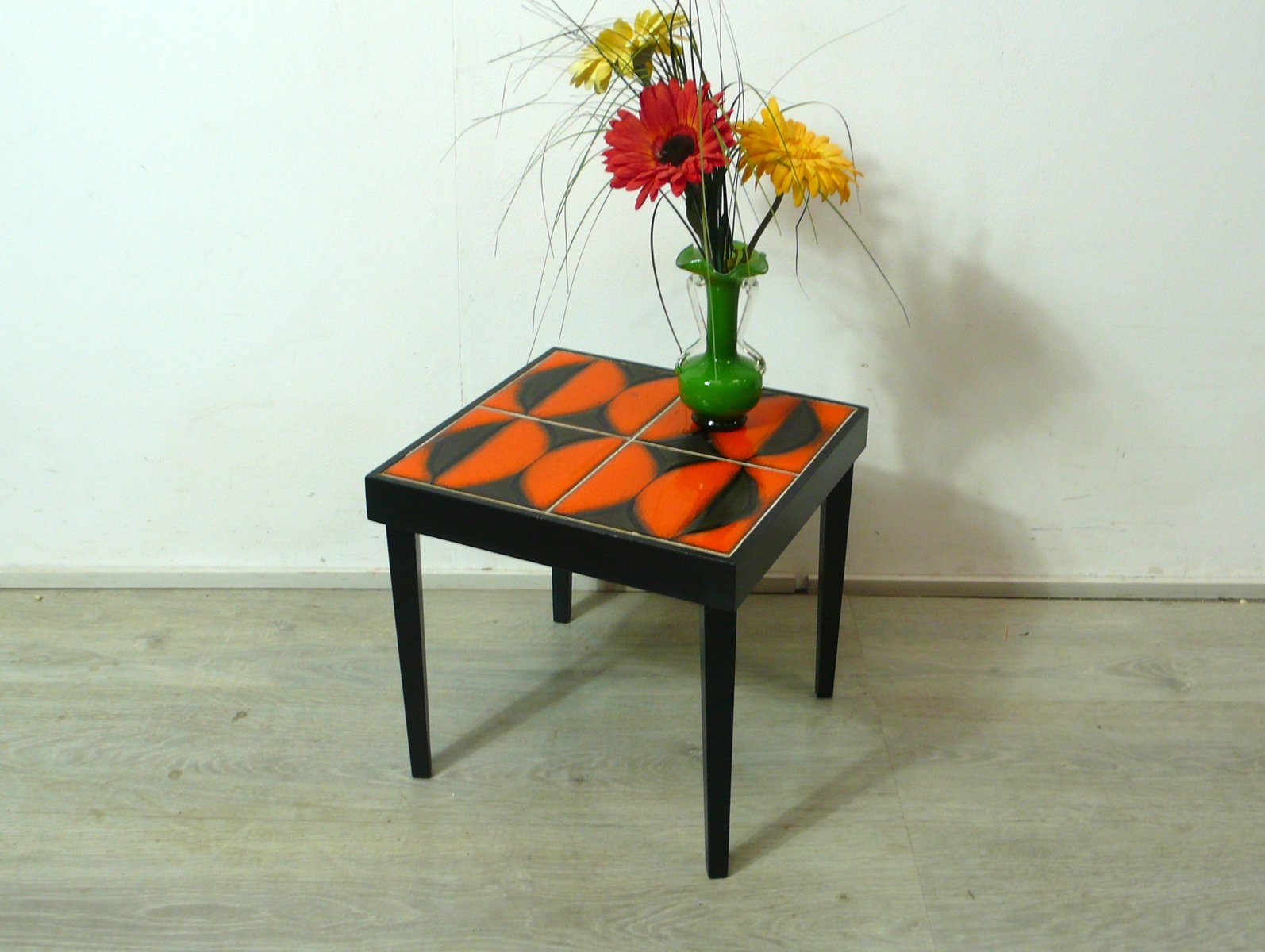 Small Mid-Century German Square-Shaped Side Table in Black with Orange ...