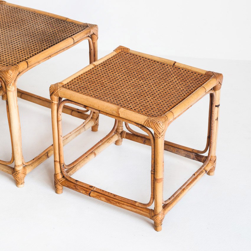Vintage Cane Nesting Tables, 1960s, Set of 3 for sale at Pamono