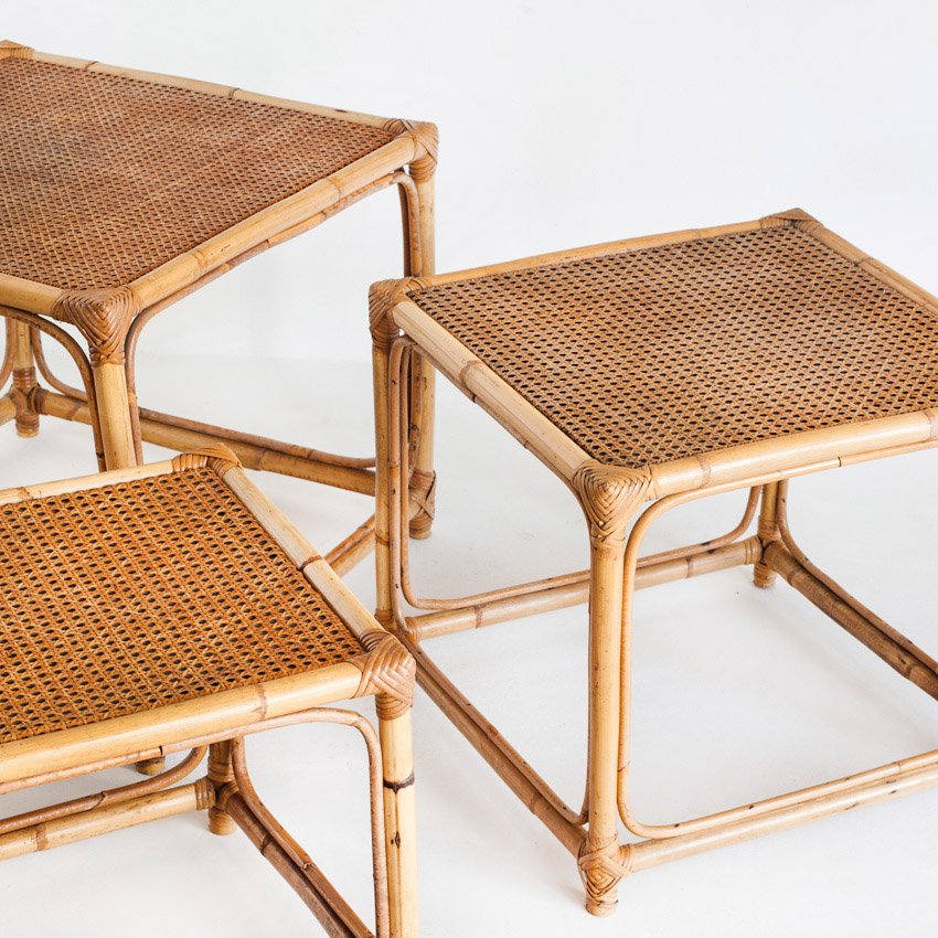 Vintage Cane Nesting Tables, 1960s, Set of 3 for sale at Pamono
