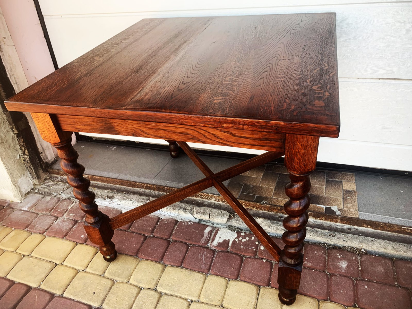 Small 19th Century Square Oak Table with Spiral Columns for sale at Pamono