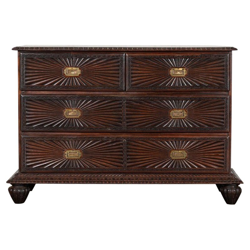 Antique Colonial Carved Campaign Teak Chest, 1870 for sale at Pamono