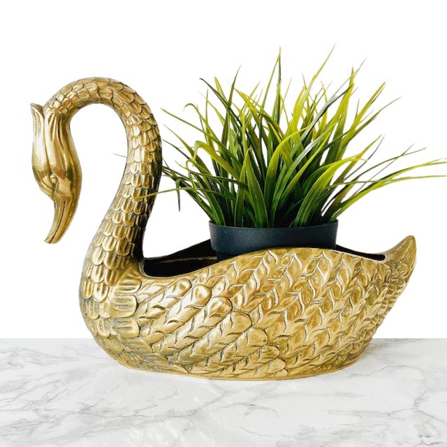 Vintage Hollywood Regency Brass Swan Flower Pot, 1950s for sale at Pamono