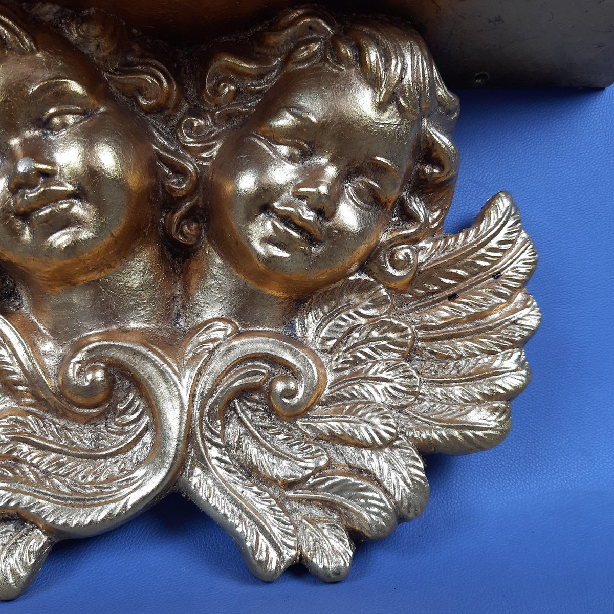 Vintage Wooden Shelf with Gold-Coloured Wall-Mounted Cherubs and Winged ...