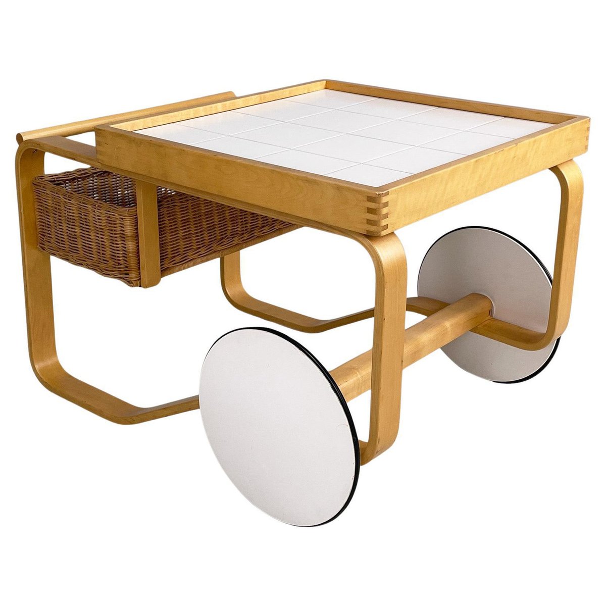Modern Finnish Wood, Wicker Cart Tea Trolley 900 attributed to Alvar Aalto for Artek, 1970s for ...