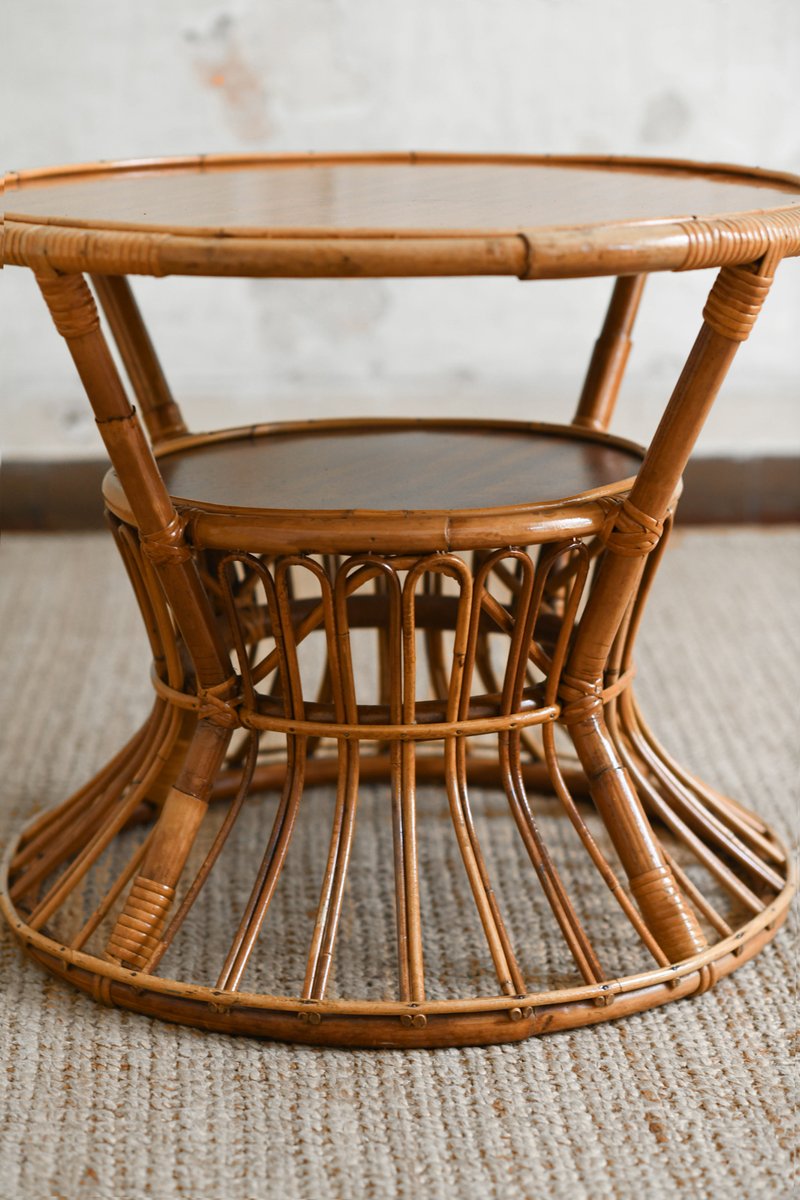 Circular Coffee Table with Rattan Motifs and Wooden Shelves, 1960s for ...