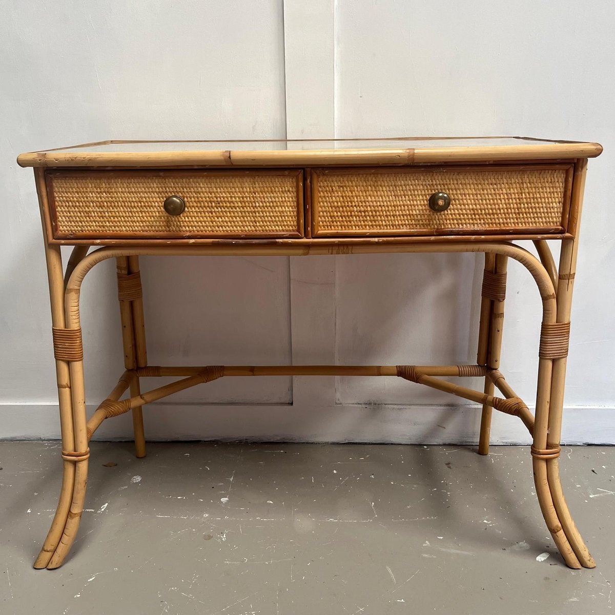 Cane and Bamboo Dressing Table with 2 Drawers, 1970s for sale at Pamono