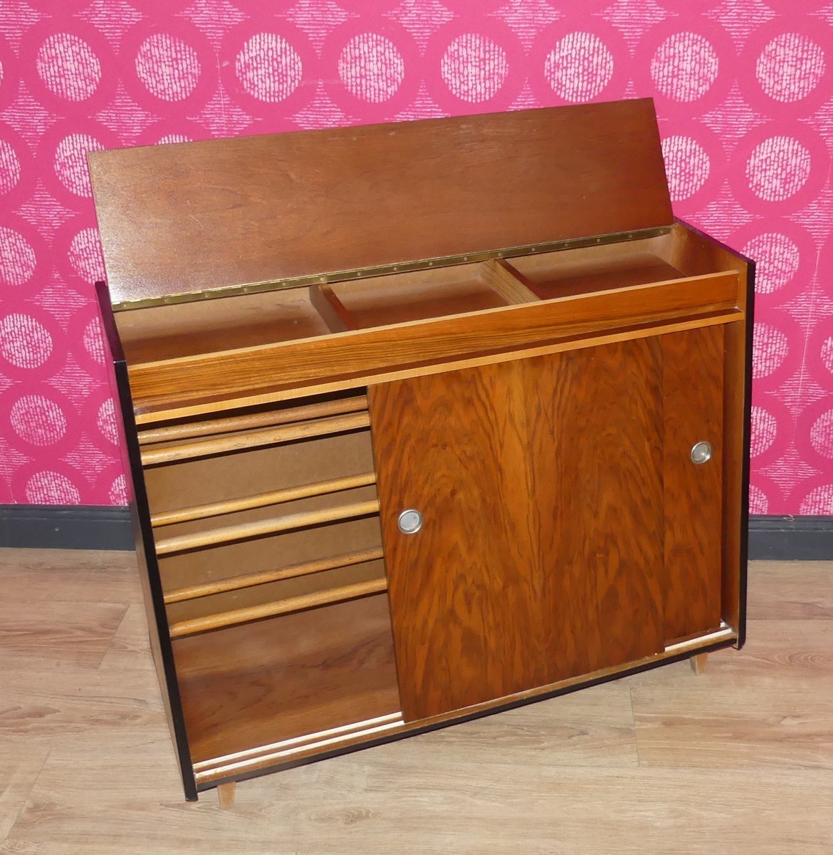 Mid-Century Walnut Shoe Cabinet with Folding Compartment Chest of Drawers for sale at Pamono