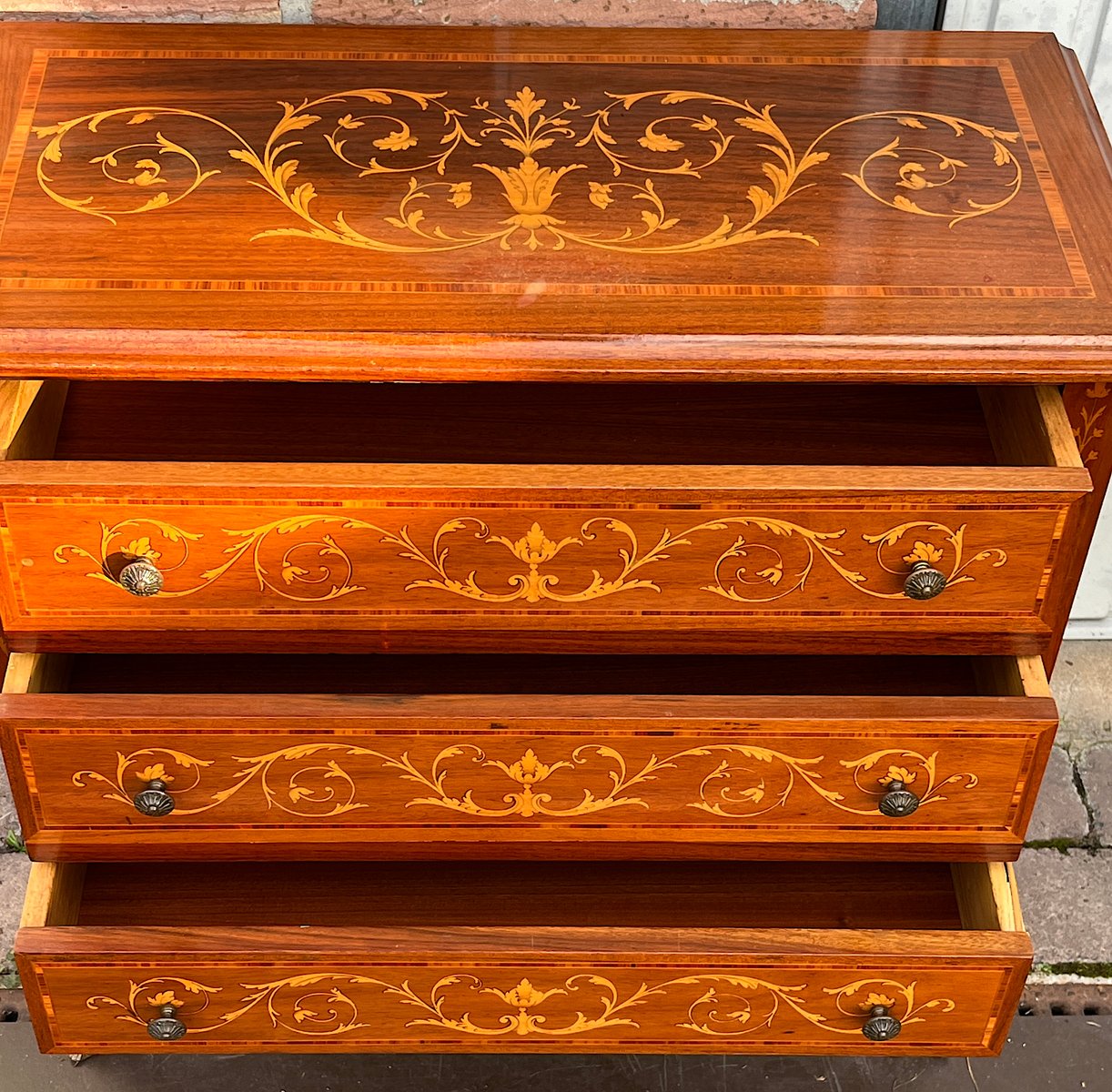 Antique Wood 3 Drawer Inlaid Chest of Drawers, 1960s for sale at Pamono