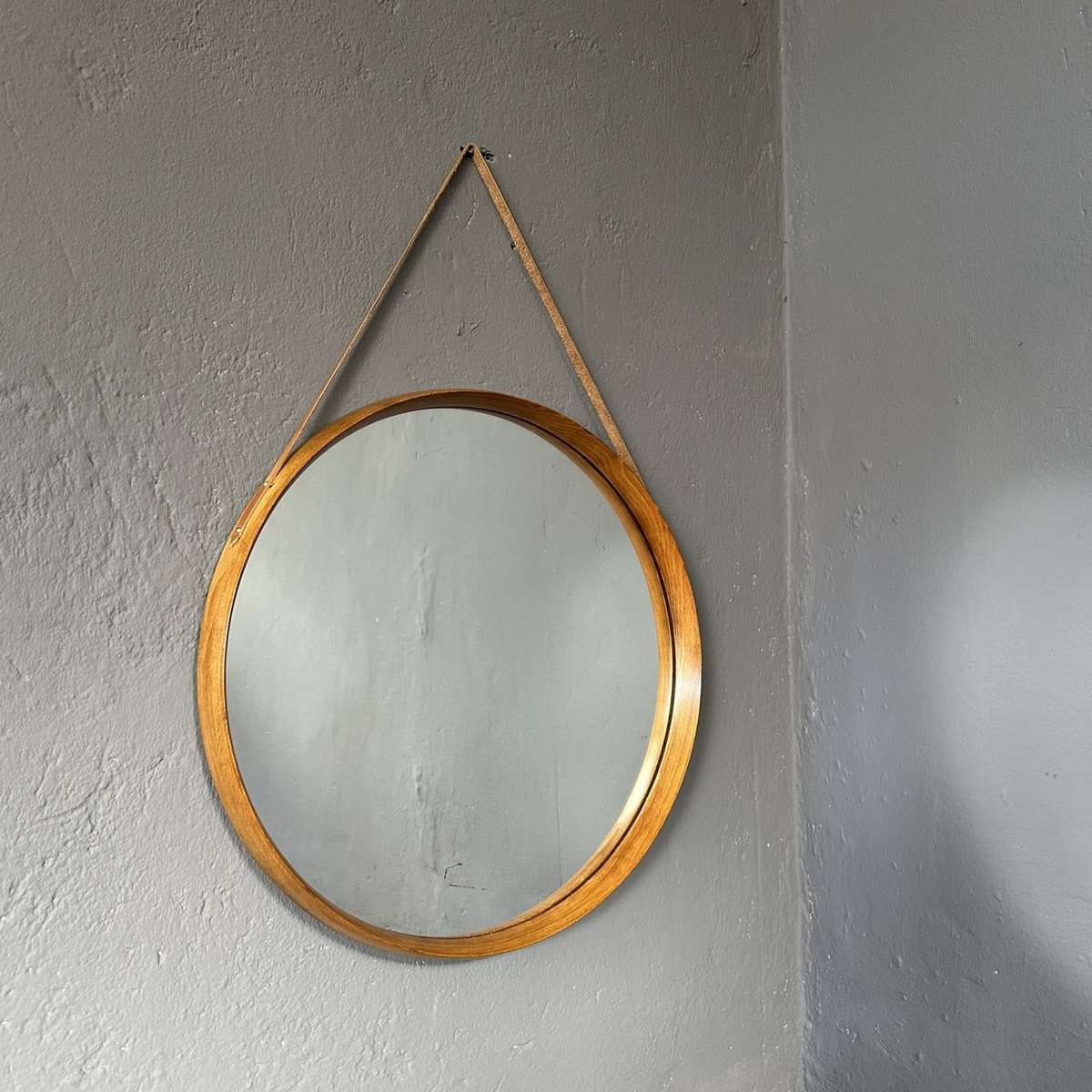 Italian Round Wall Mirror with Light Teak Frame & Leather Hook for ...