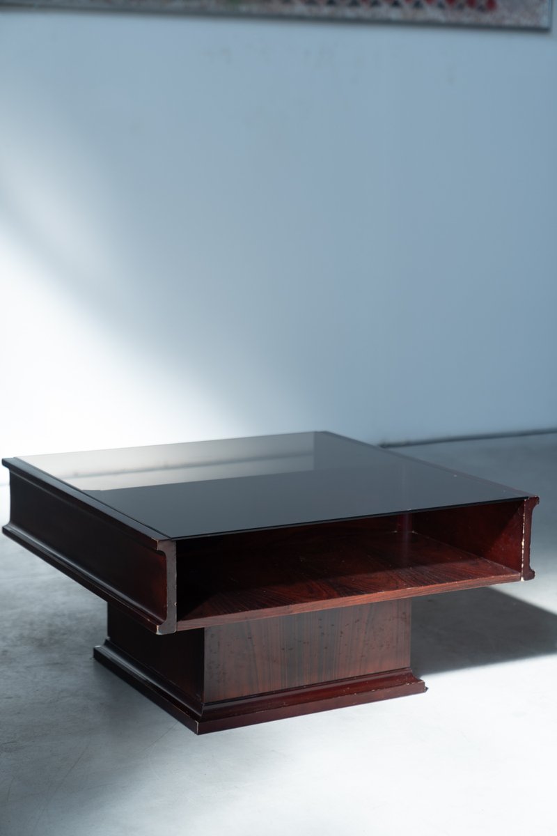 Vintage Mahogany Coffee Table with Glass Top, 1970s for sale at Pamono