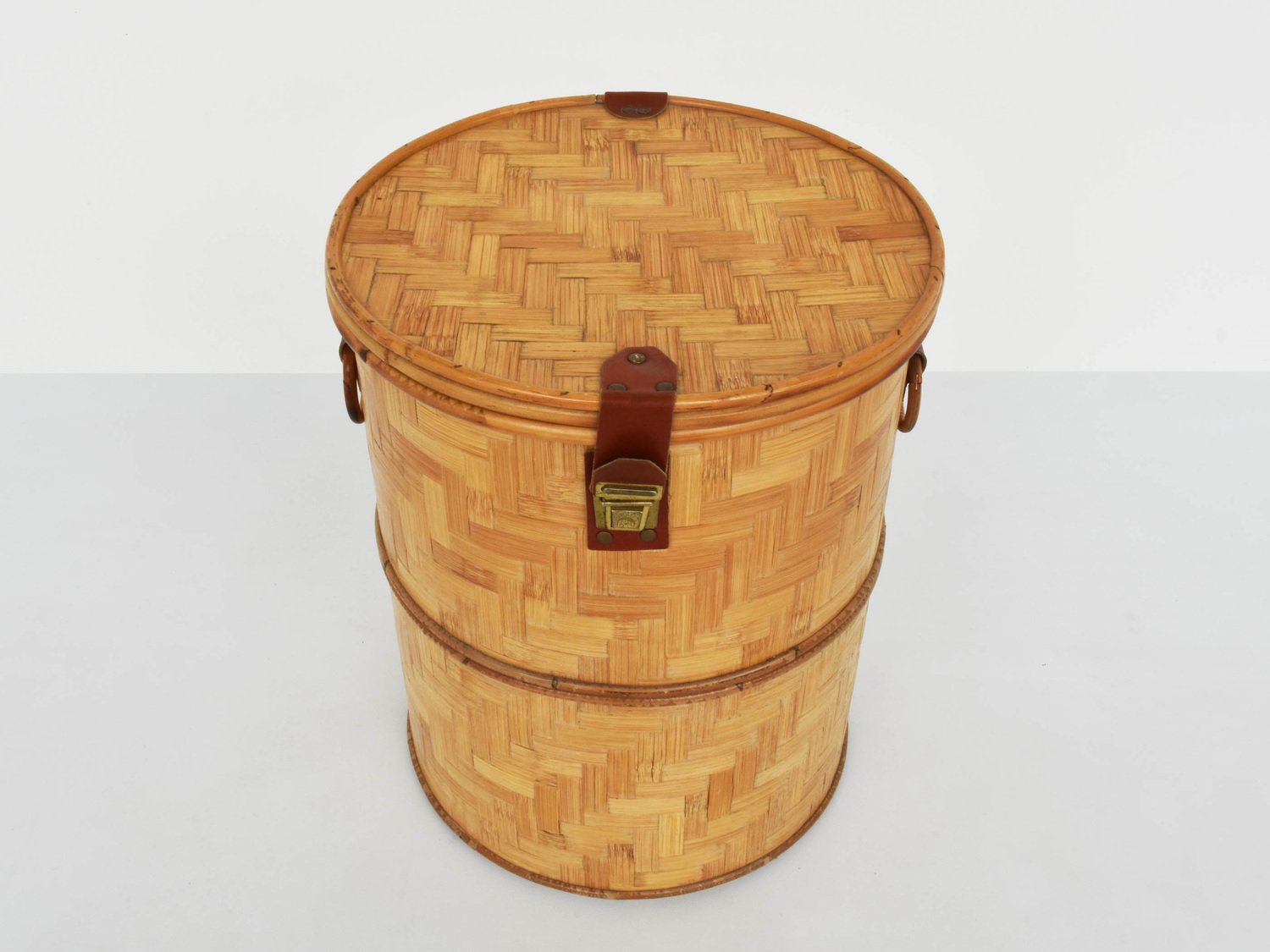 Italian Closed Rattan Basket with Leather Details, 1973 for sale at Pamono