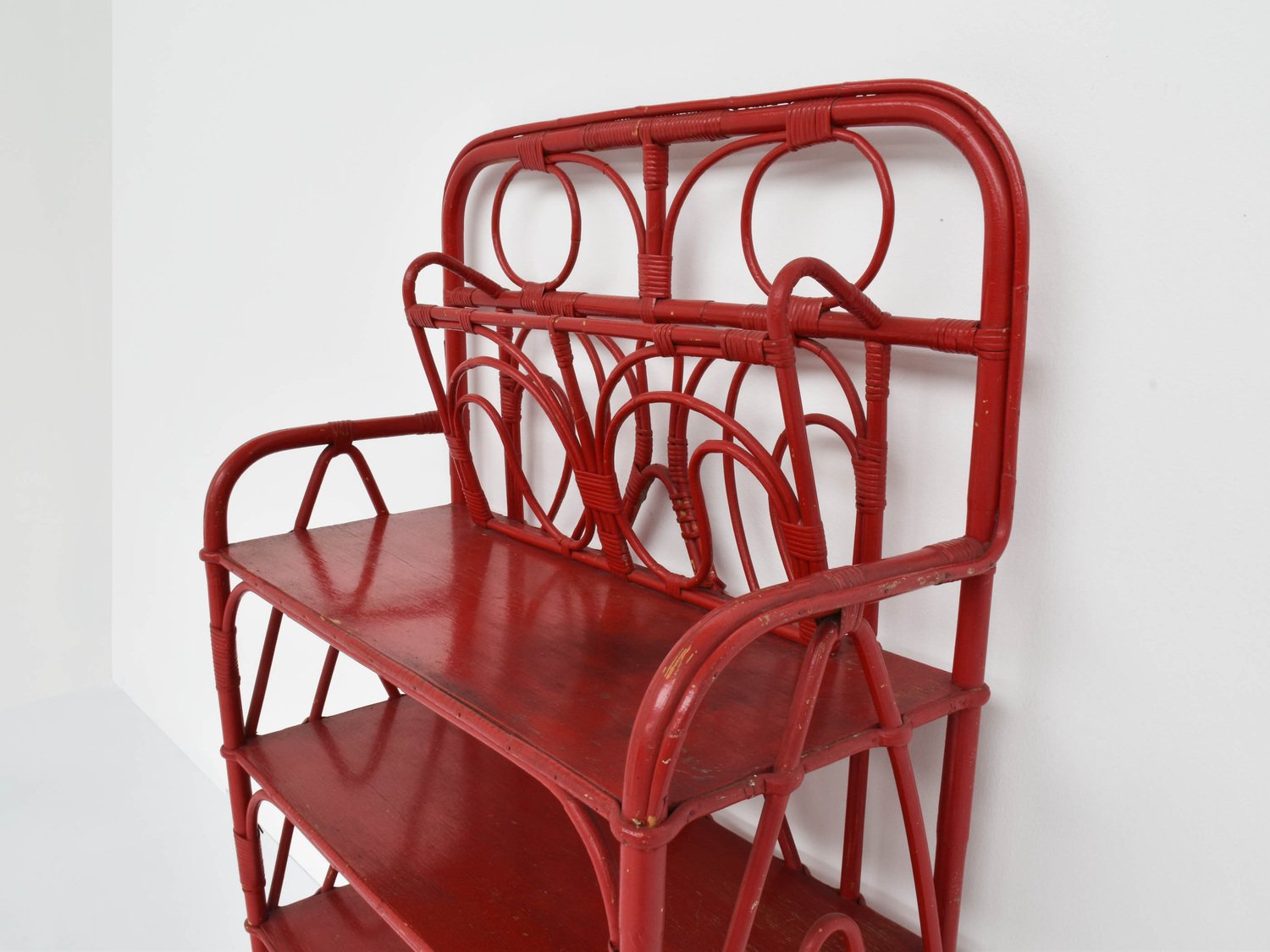 Red Painted Rattan Bookcase with Butterfly Magazine Holder by Renzo ...