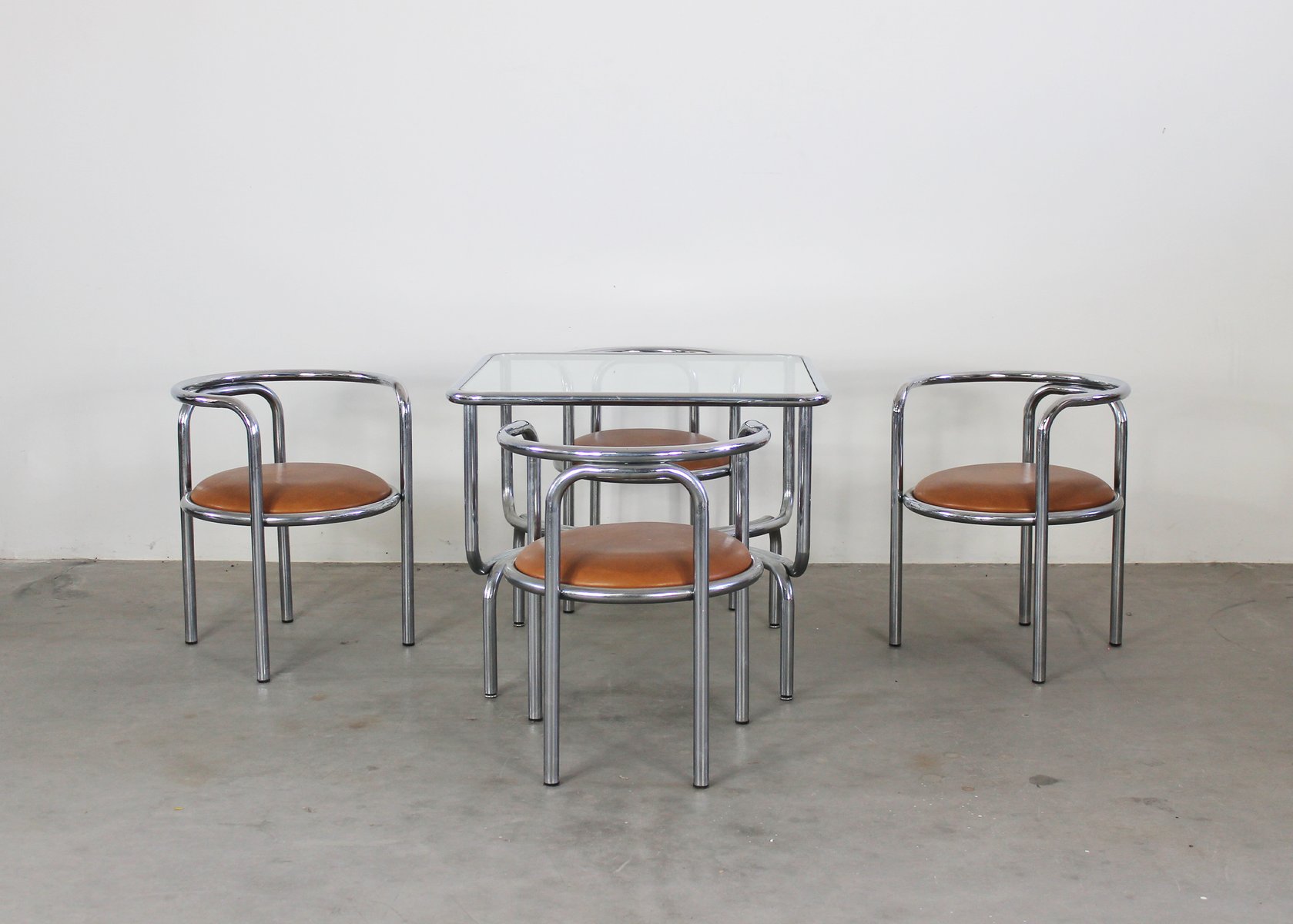 Locus Solus Dining Room Set in Steel and Leather by Gae Aulenti for Poltronova, 1970s, Set of 5 ...