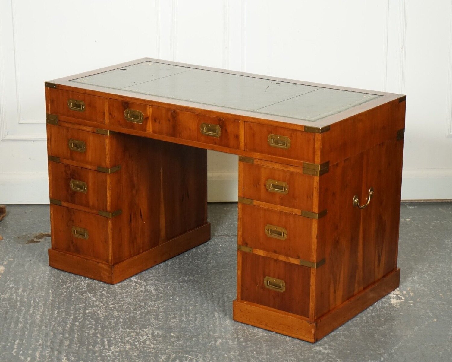 Vintage Burr Yew Campaign Military Green Leather Twin Pedestal Desk for sale at Pamono