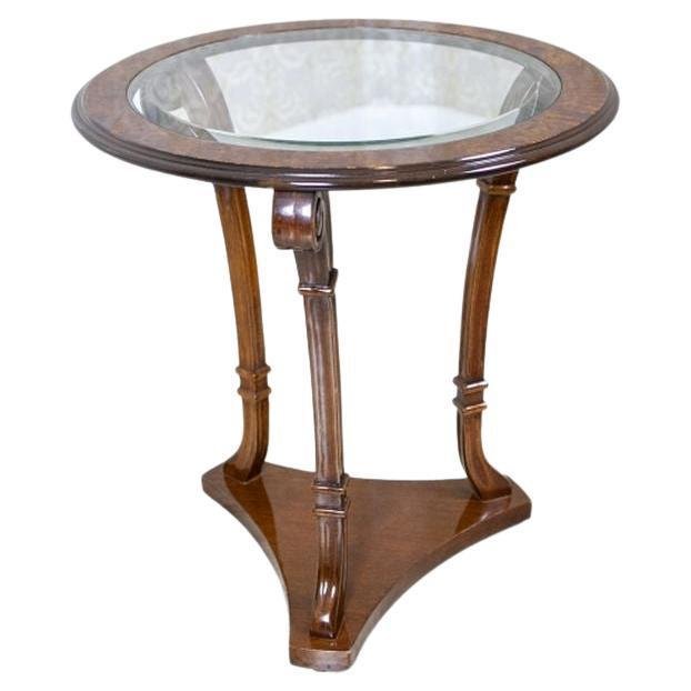 Vintage Round Side Table in Beech and Burlwood with Glass Top, 1950s ...