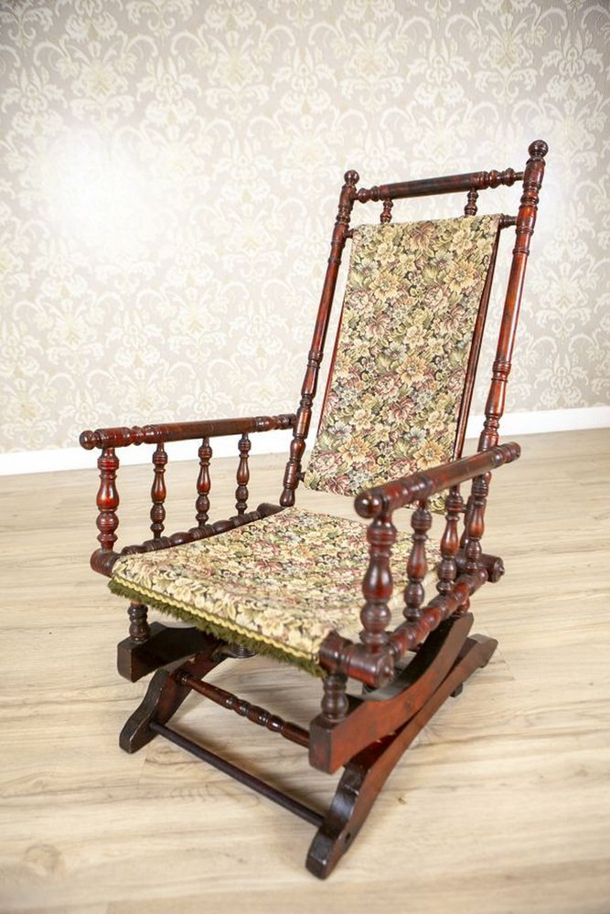 Antique Spring Rocking Chair in Floral Fabric, 1890s for sale at Pamono