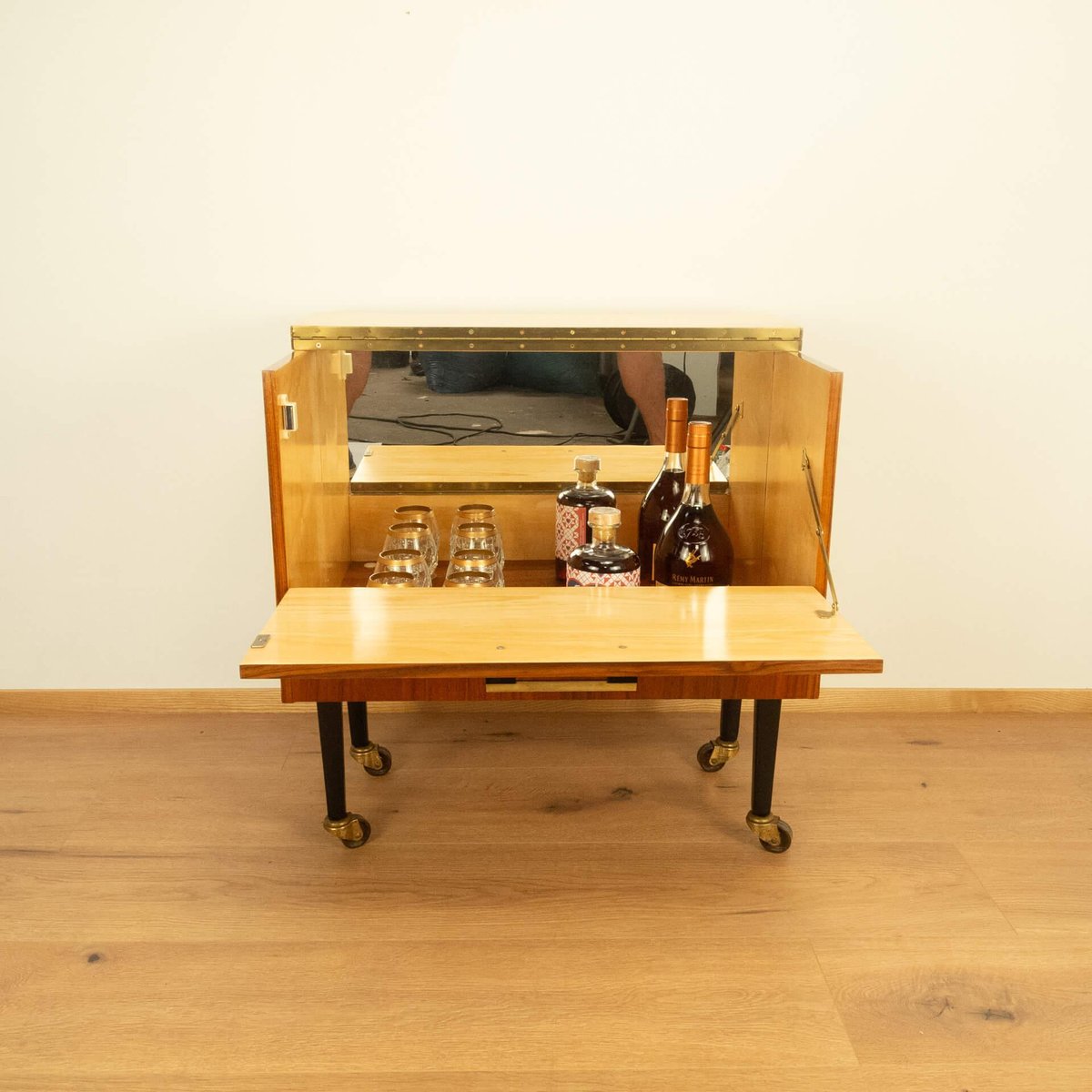 Walnut Rollable Bar Cabinet with Mirror, 1960s for sale at Pamono