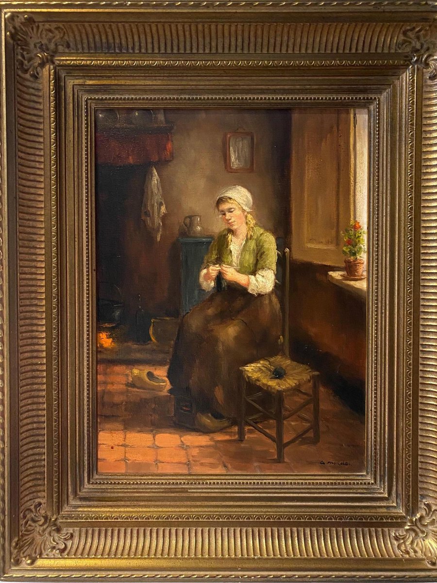 Anne Marie Mulder, Knitting Woman, Oil on Canvas for sale at Pamono