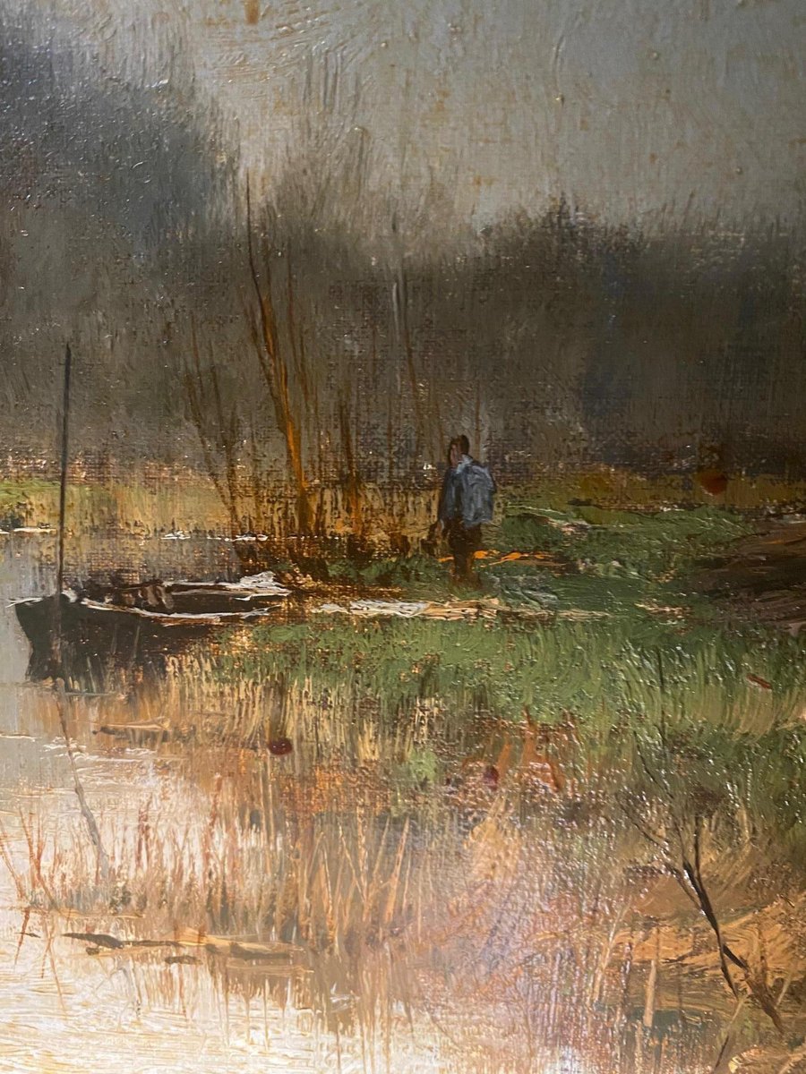 Frits Johan Goosen, River Fishing Boat, Oil on Canvas for sale at Pamono