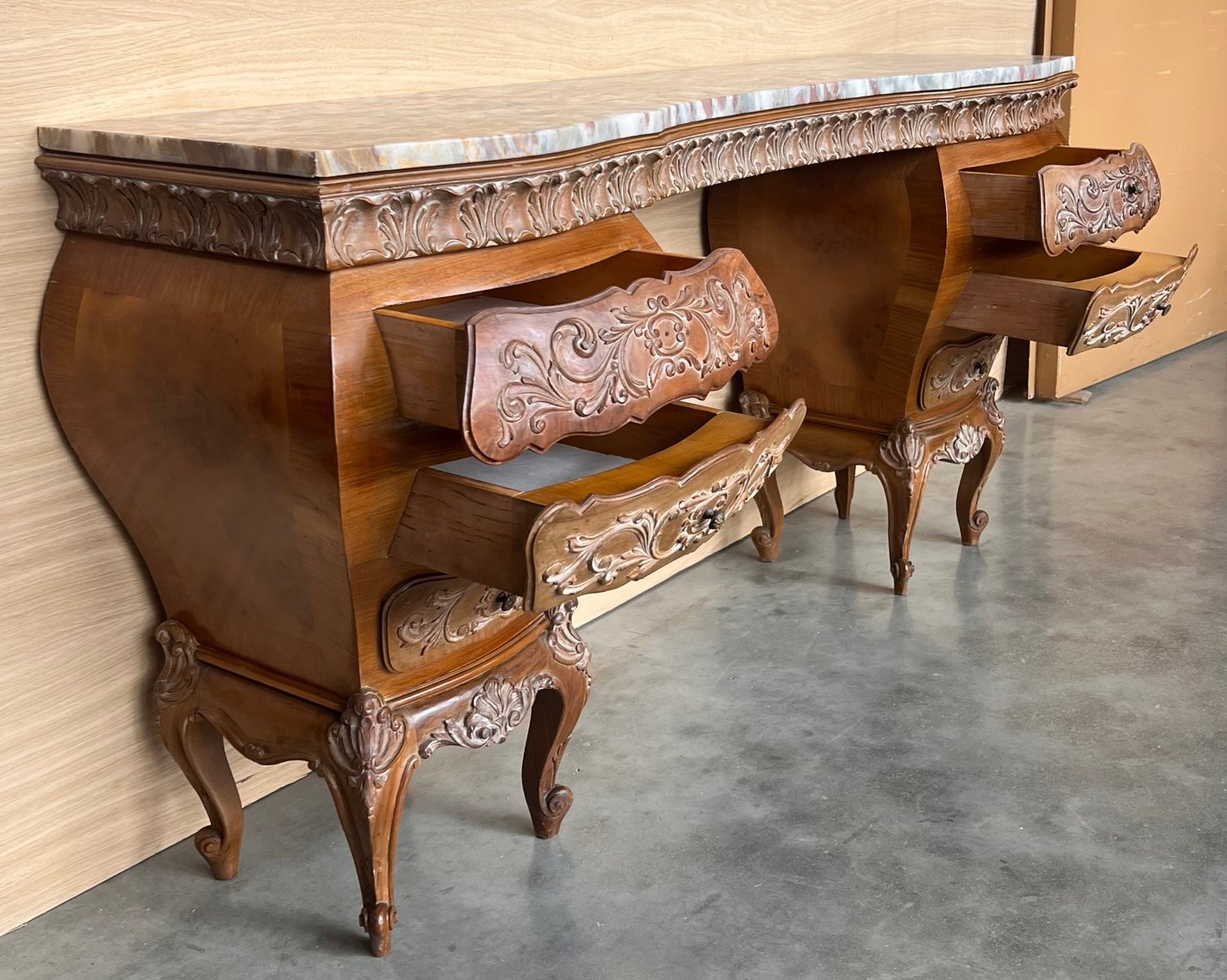 Spanish Baroque Dressing Table in Hand Carved Walnut & Burl, 1940s for ...