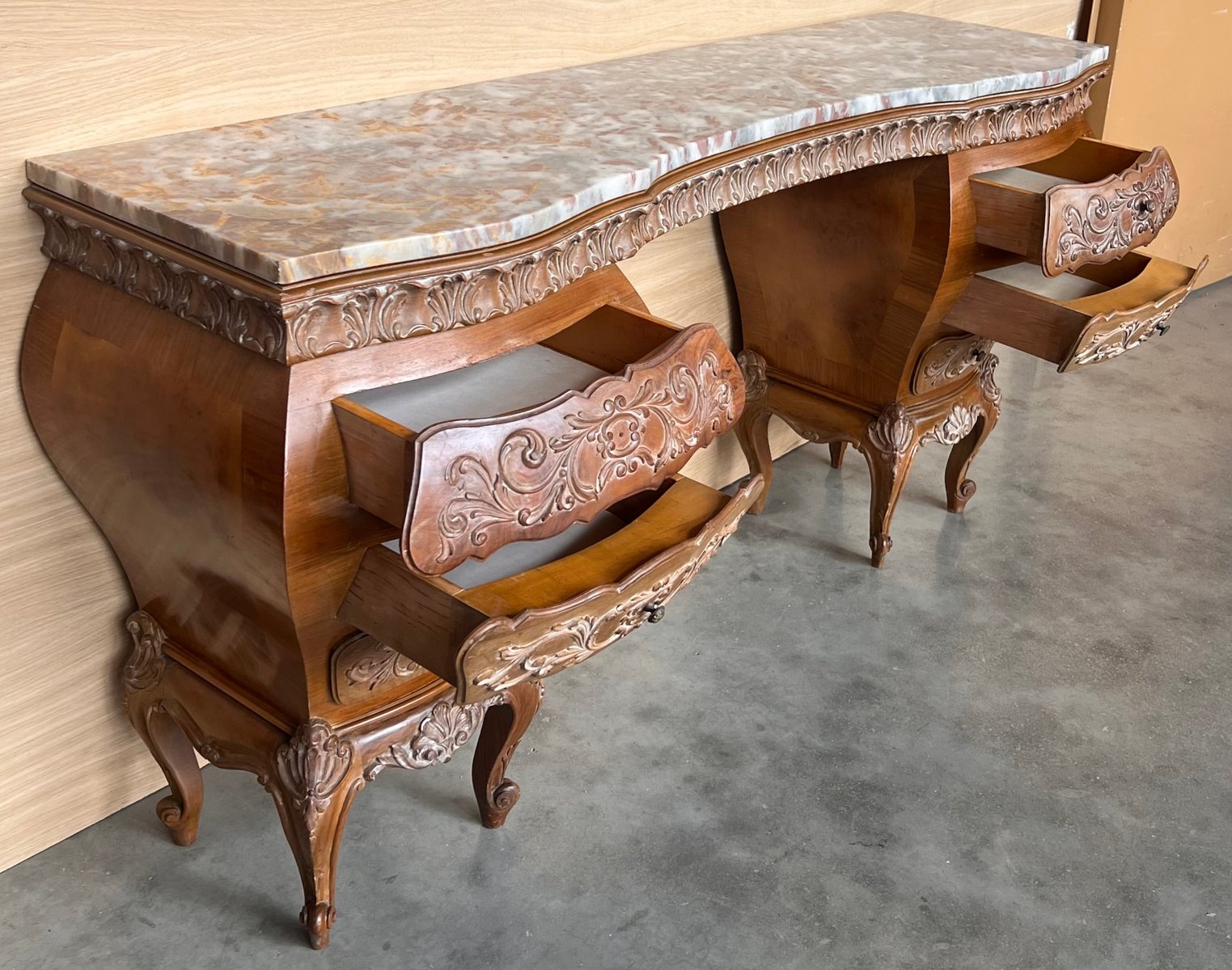 Spanish Baroque Dressing Table in Hand Carved Walnut & Burl, 1940s for ...