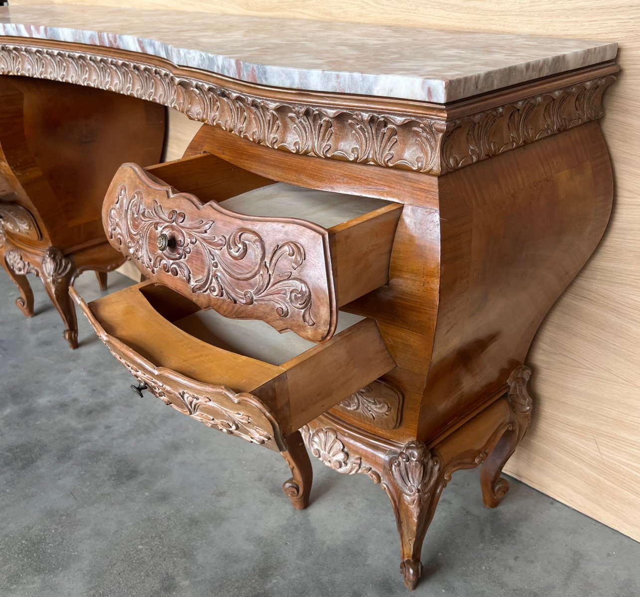 Spanish Baroque Dressing Table in Hand Carved Walnut & Burl, 1940s for ...