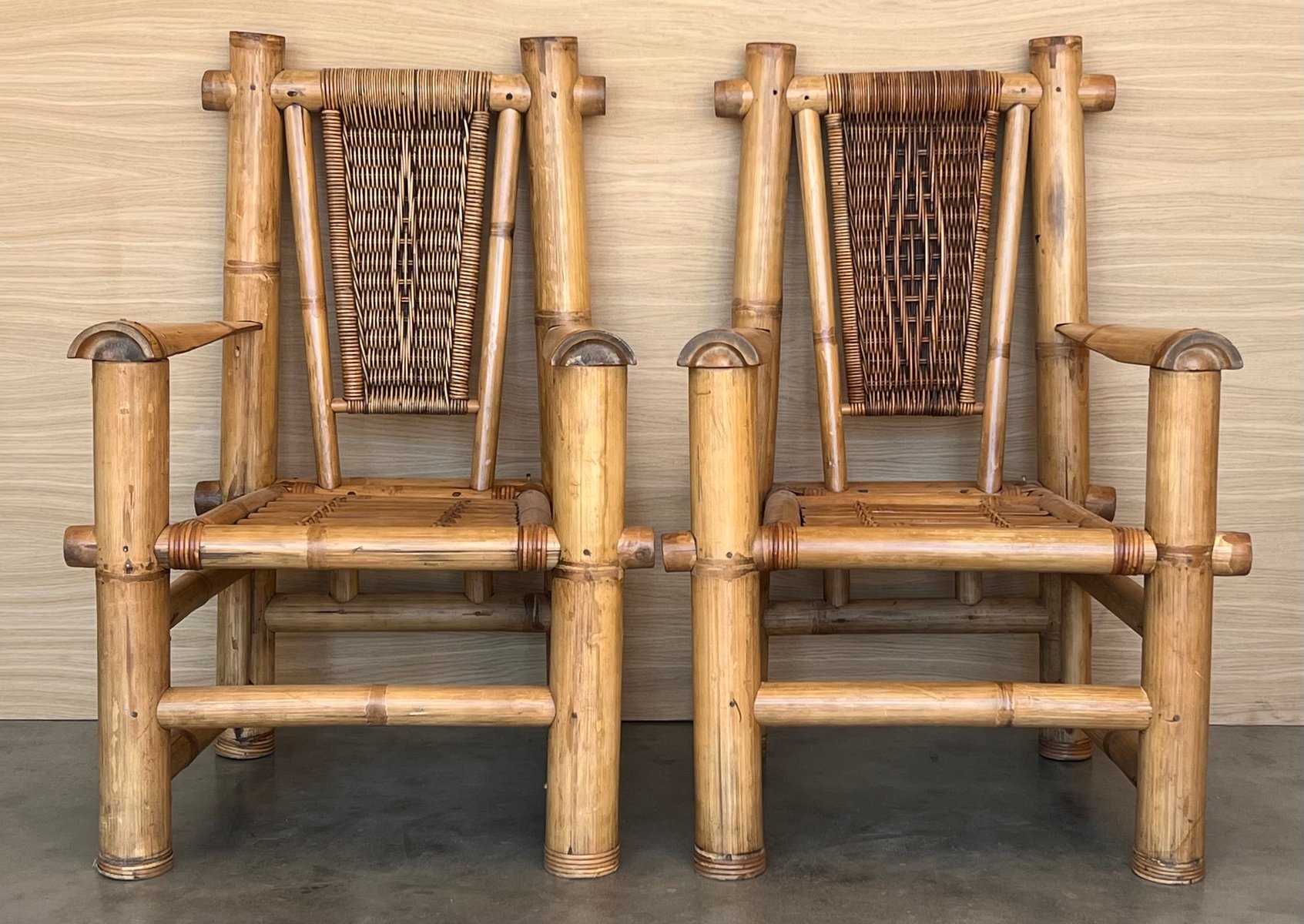 Set of Large Bamboo Pagoda Lounge Chairs in the style of Budji Layug ...