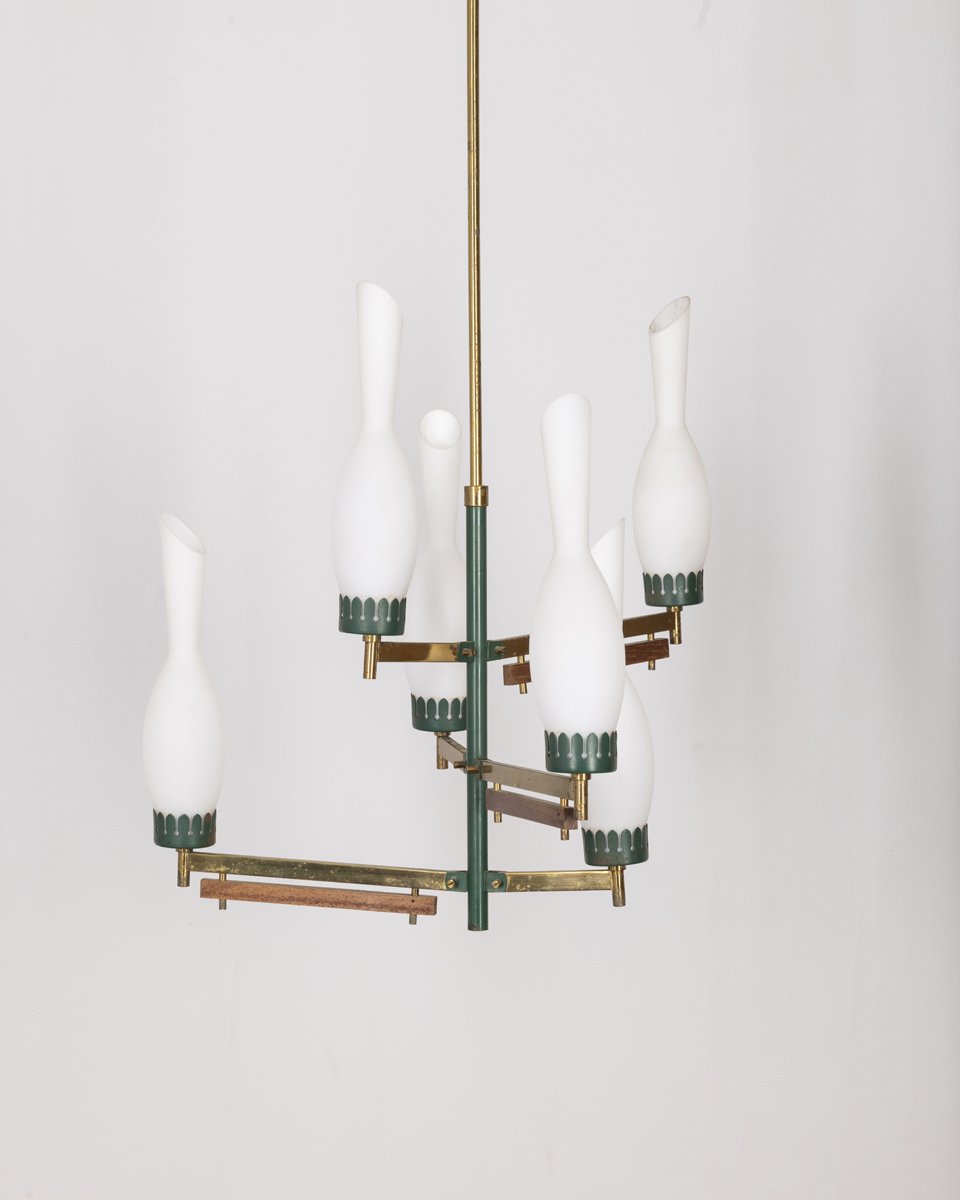Vintage Italian Ceiling Light in Brass, Green Metal and Glass, 1950s ...