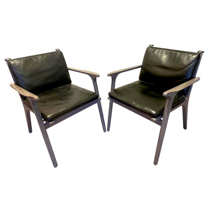 Scandinavian Leather and Wood Armrest Chairs by Signe Bindslev ...