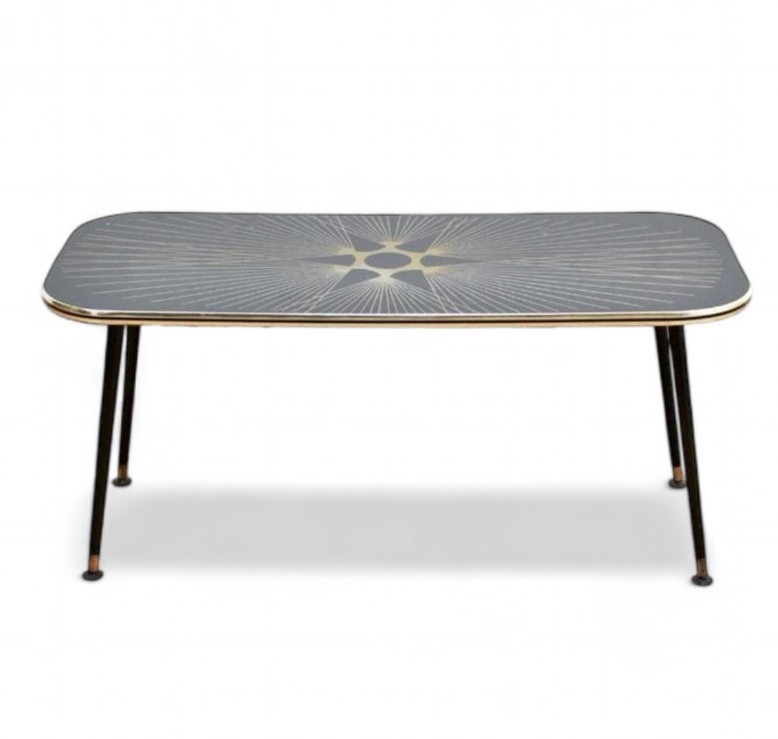 Mid-Century Atomic Coffee Table with Gold & Black Starburst Mirror Top ...