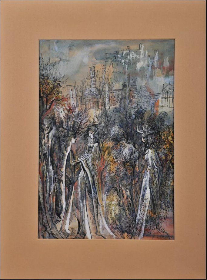 Robert Ederer, Figures in an Italian Cityscape, 1950s, Mixed Media for ...
