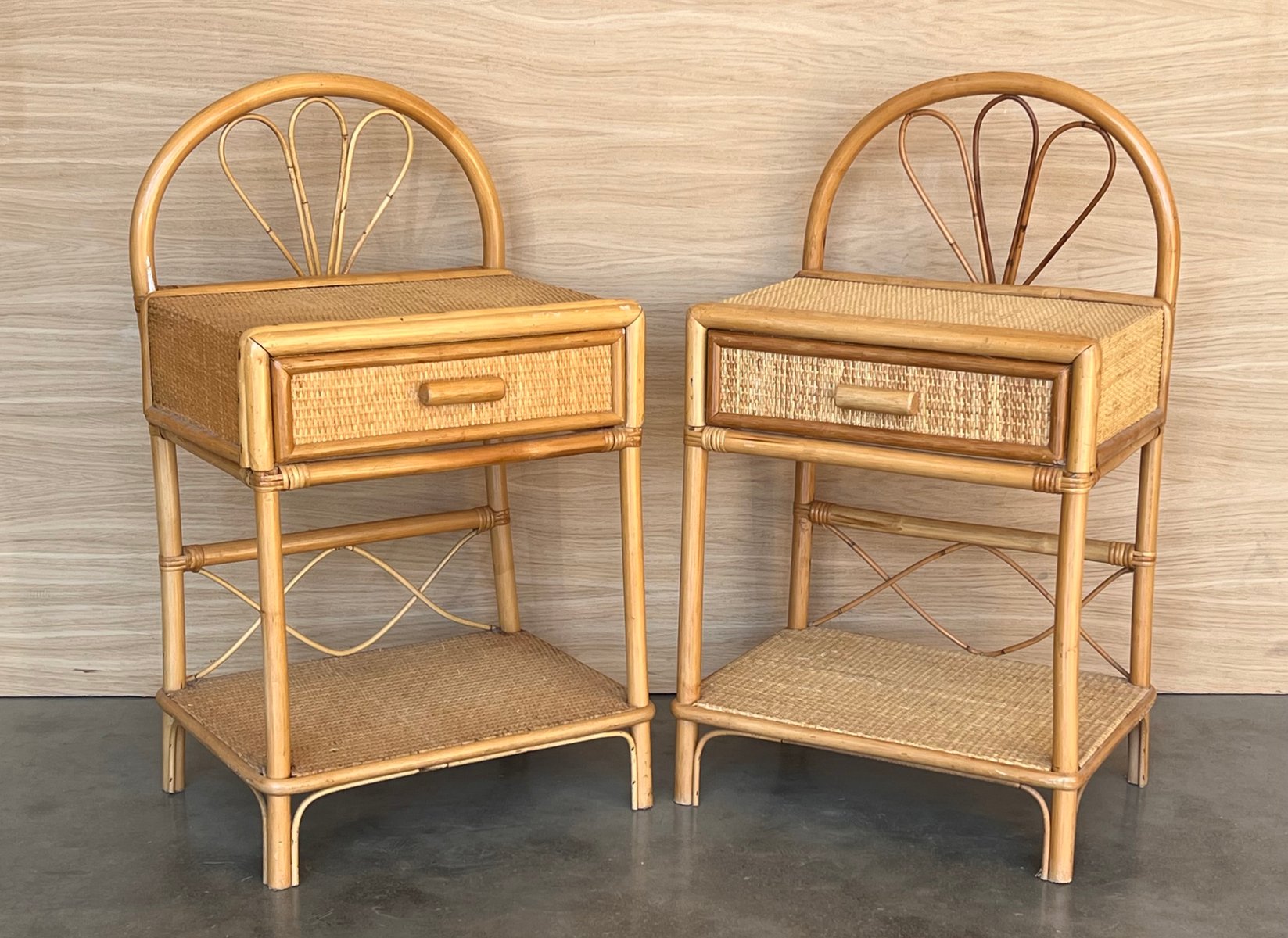 Split Reed Bamboo & Rattan Nightstands with Drawers and Low Tiers ...