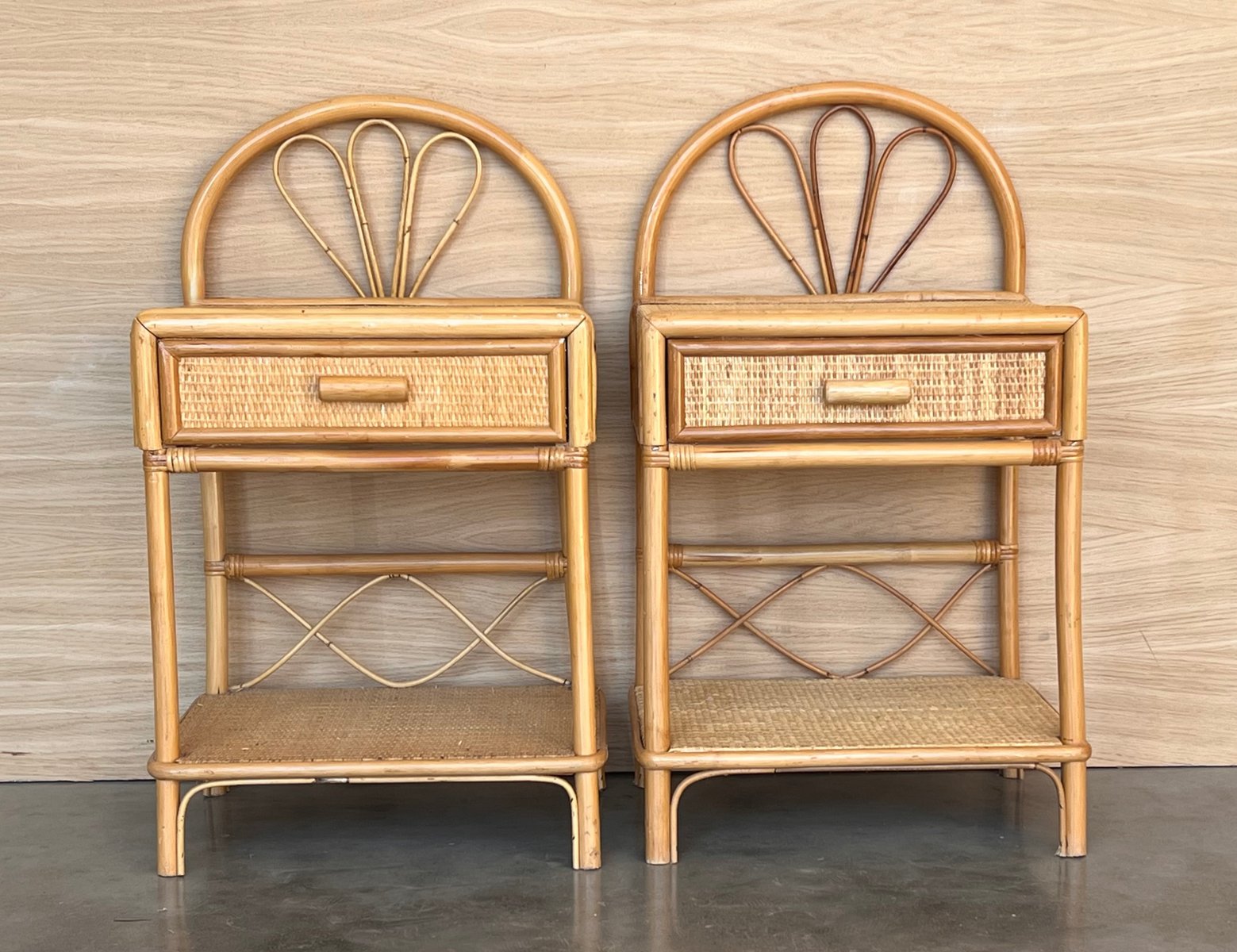 Split Reed Bamboo & Rattan Nightstands with Drawers and Low Tiers ...