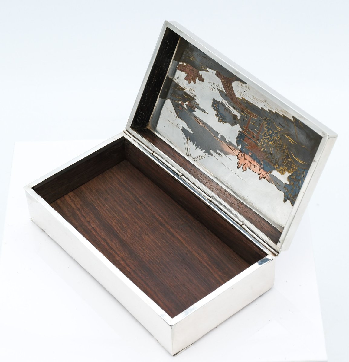 Japanese Silver Box with Inlaid Mixed Metal Panel, 1950s for sale at Pamono