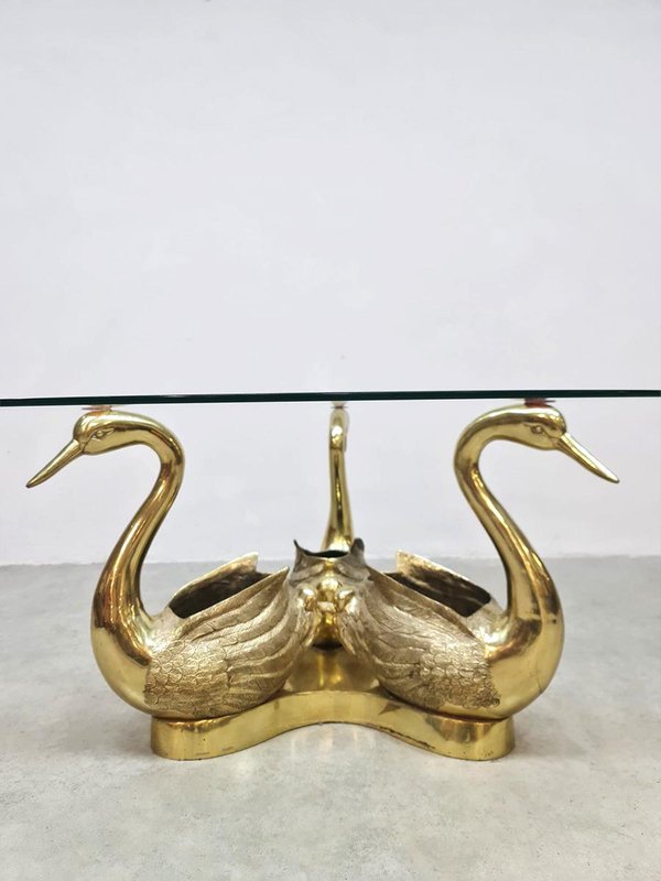 Vintage Hollywood Regency Brass Swan Coffee Table, 1970s for sale at Pamono
