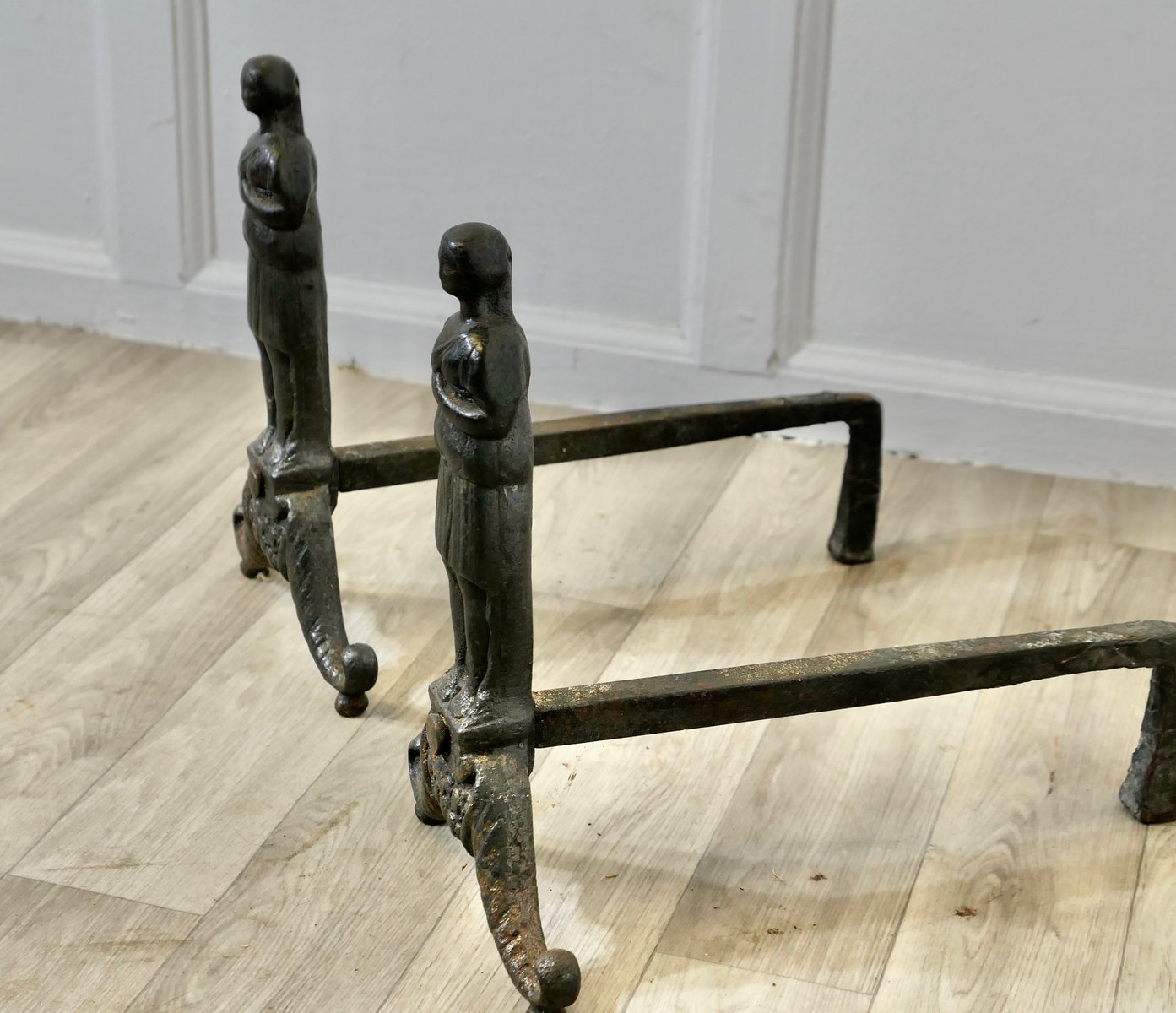 Vintage French Gothic Iron Andirons with Guardians, Set of 2 for sale ...