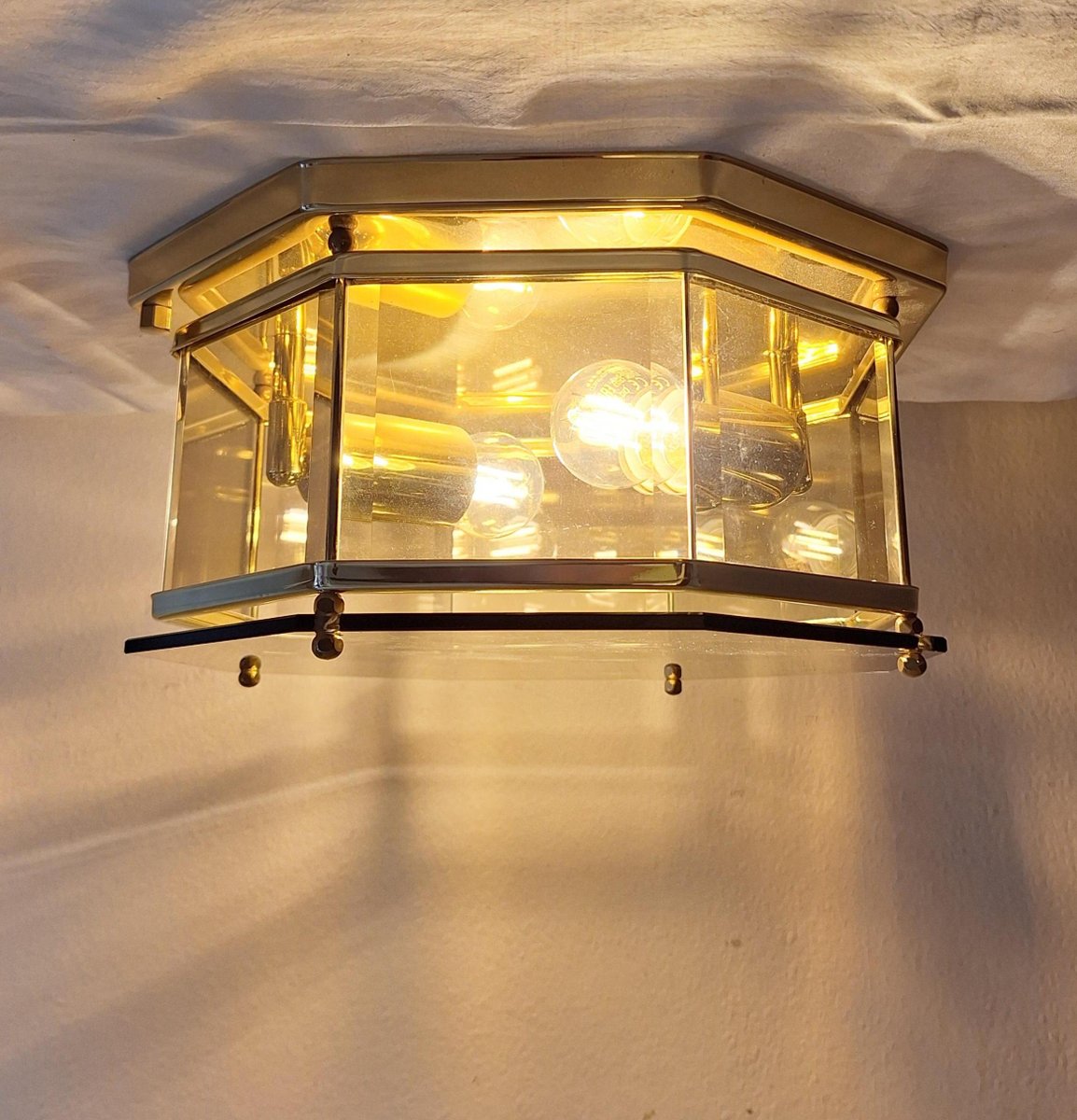 Vintage German Ceiling Lamp with Brass Frame and Partly Tinted Glass ...