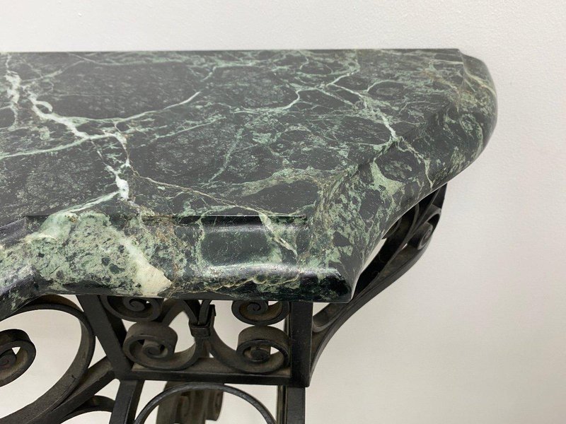 Art Deco Wrought Iron Console with Alpine Green Marble for sale at Pamono