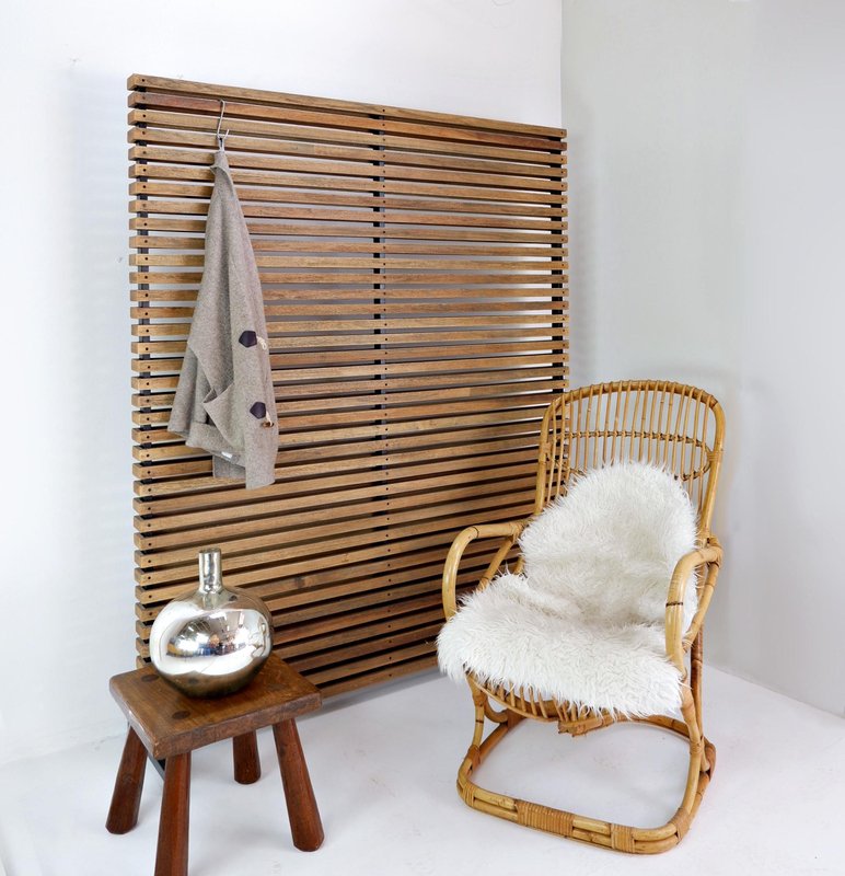 Slatted Wood Panel Room Divider or Slatted Coat Rack for sale at Pamono
